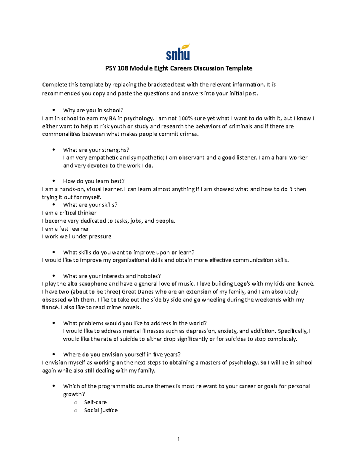 PSY 108 Module Eight Careers Discussion Template - PSY 108 Module Eight ...