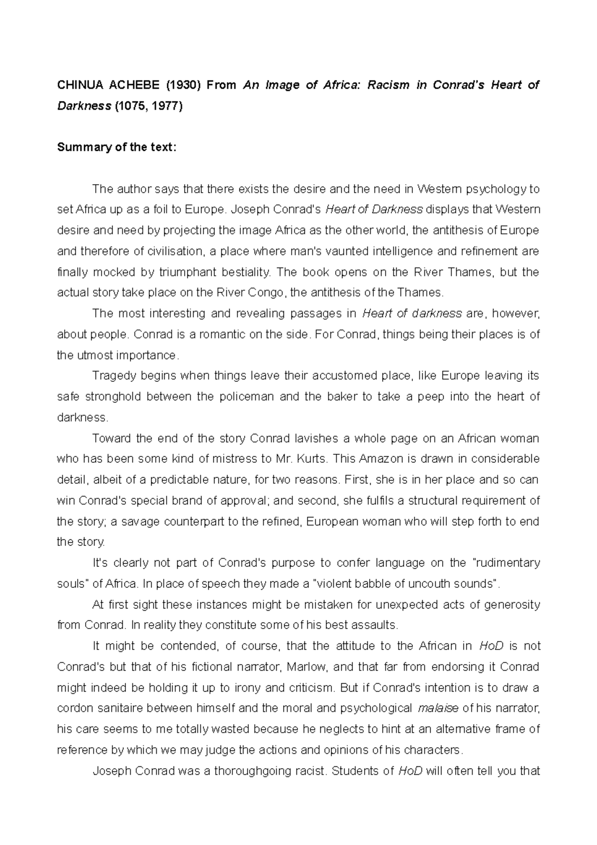 Critical authors unit5 - CHINUA ACHEBE (1930) From An Image of Africa ...