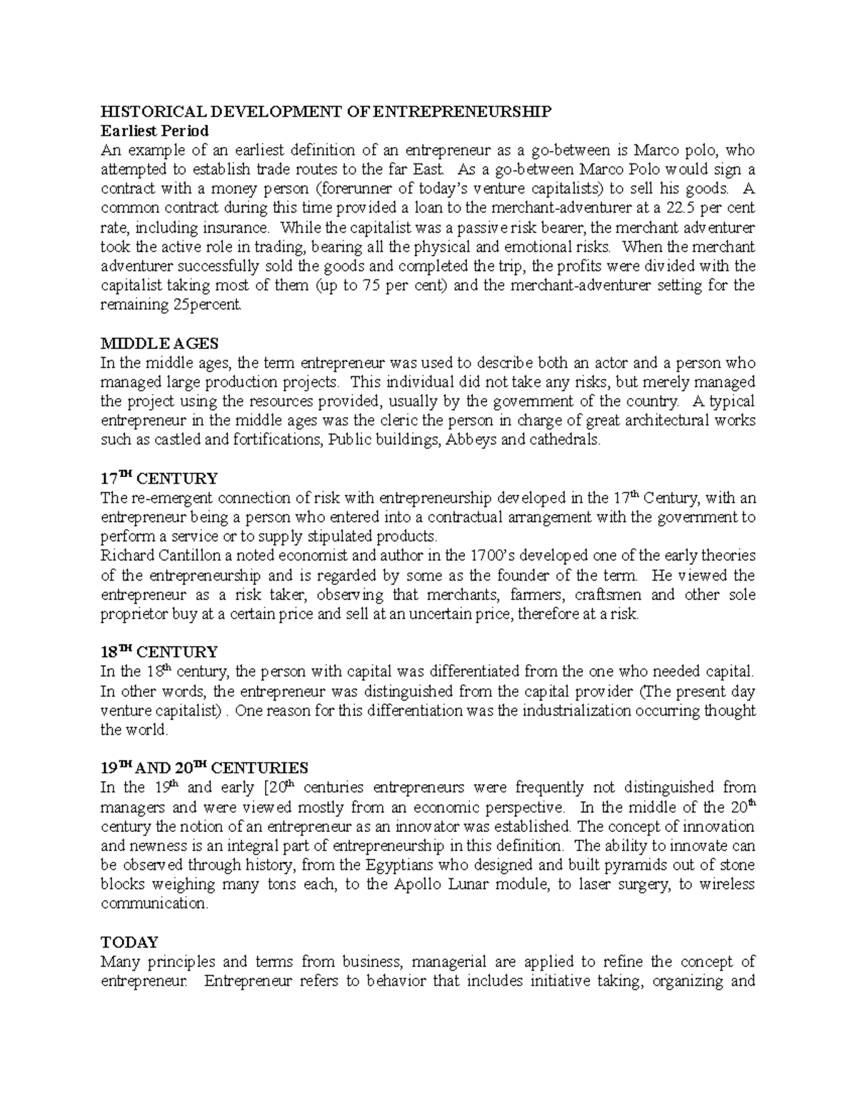 Historical Development OF Entrepreneurship - HISTORICAL DEVELOPMENT OF ...