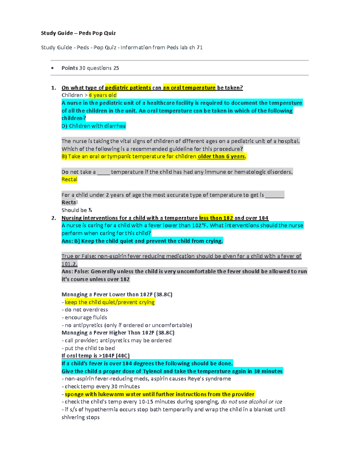 Study Guide - Peds - Pop Quiz - Information from Peds lab ch 71 - On ...
