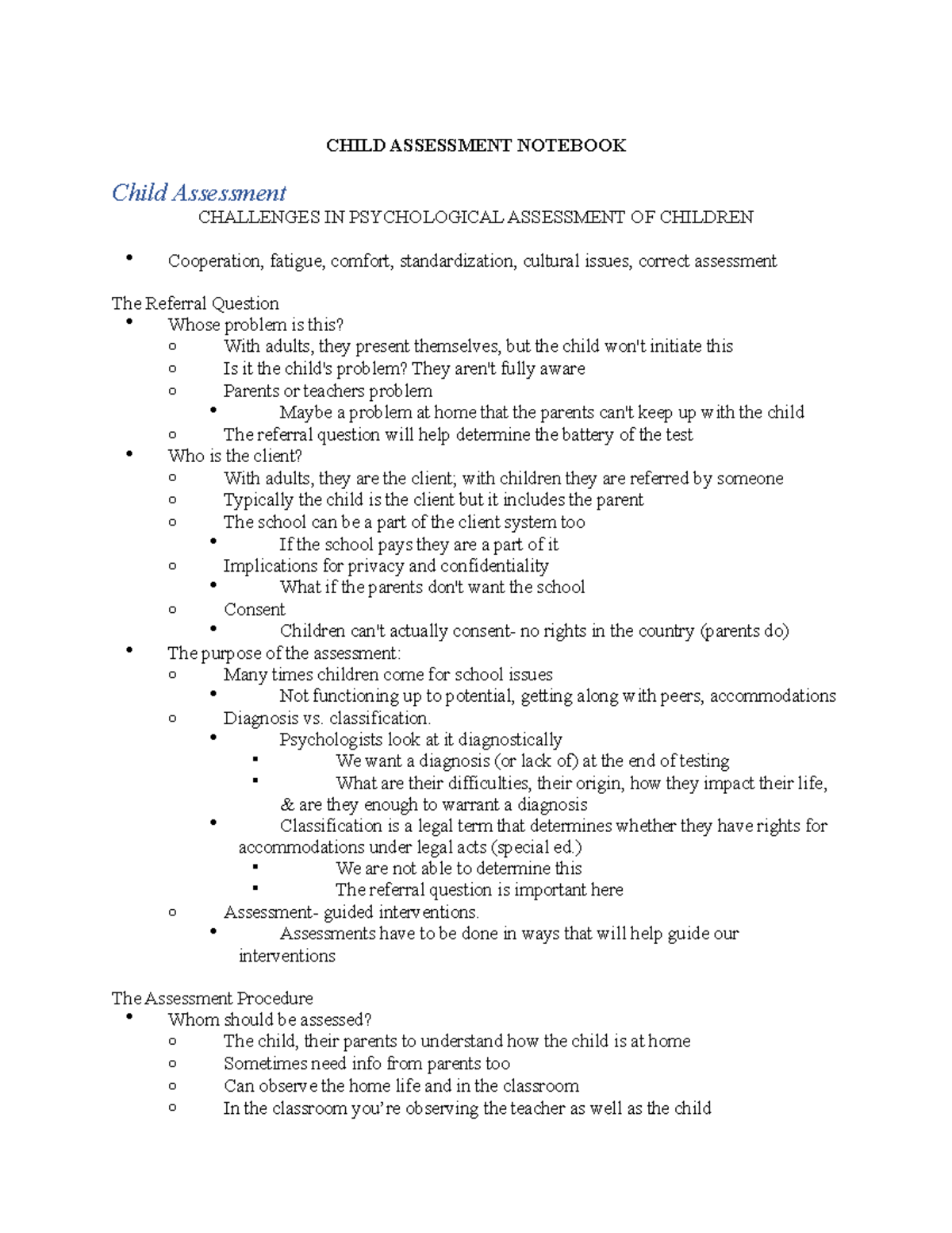Child Assessment NB - Lecture notes All lectures - CHILD ASSESSMENT ...