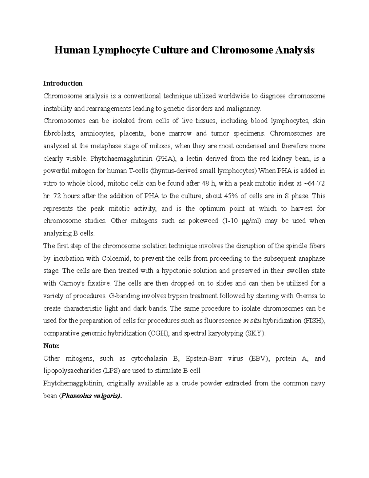 Chromosome analysis - Human Lymphocyte Culture and Chromosome Analysis ...