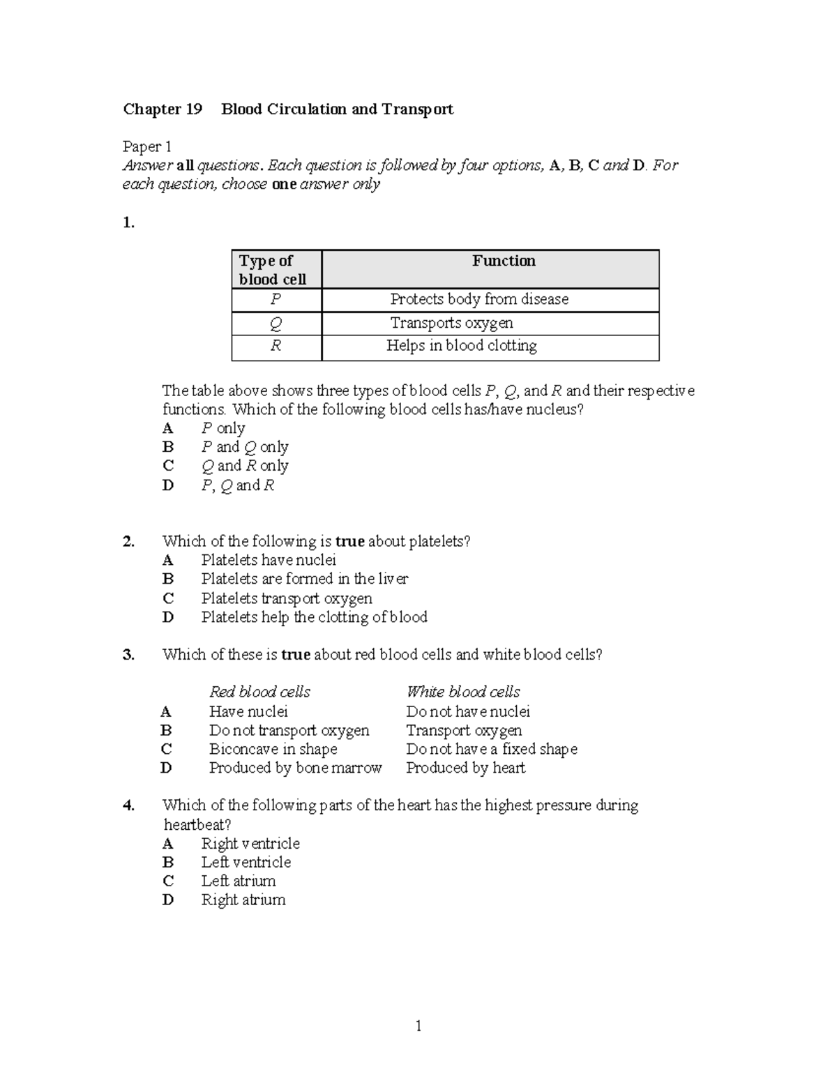 Pdfcoffee - File - Chapter 19 Blood Circulation and Transport Paper 1 Answer all questions. Each ...