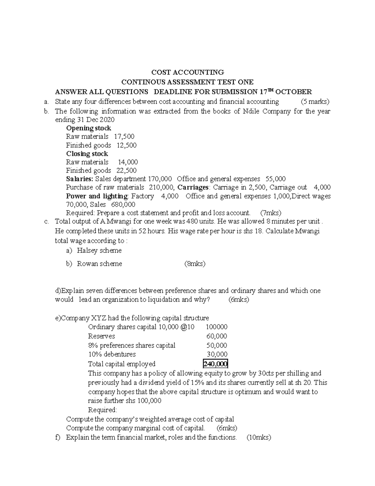 COST Accounting - COST ACCOUNTING CONTINOUS ASSESSMENT TEST ONE ANSWER ...