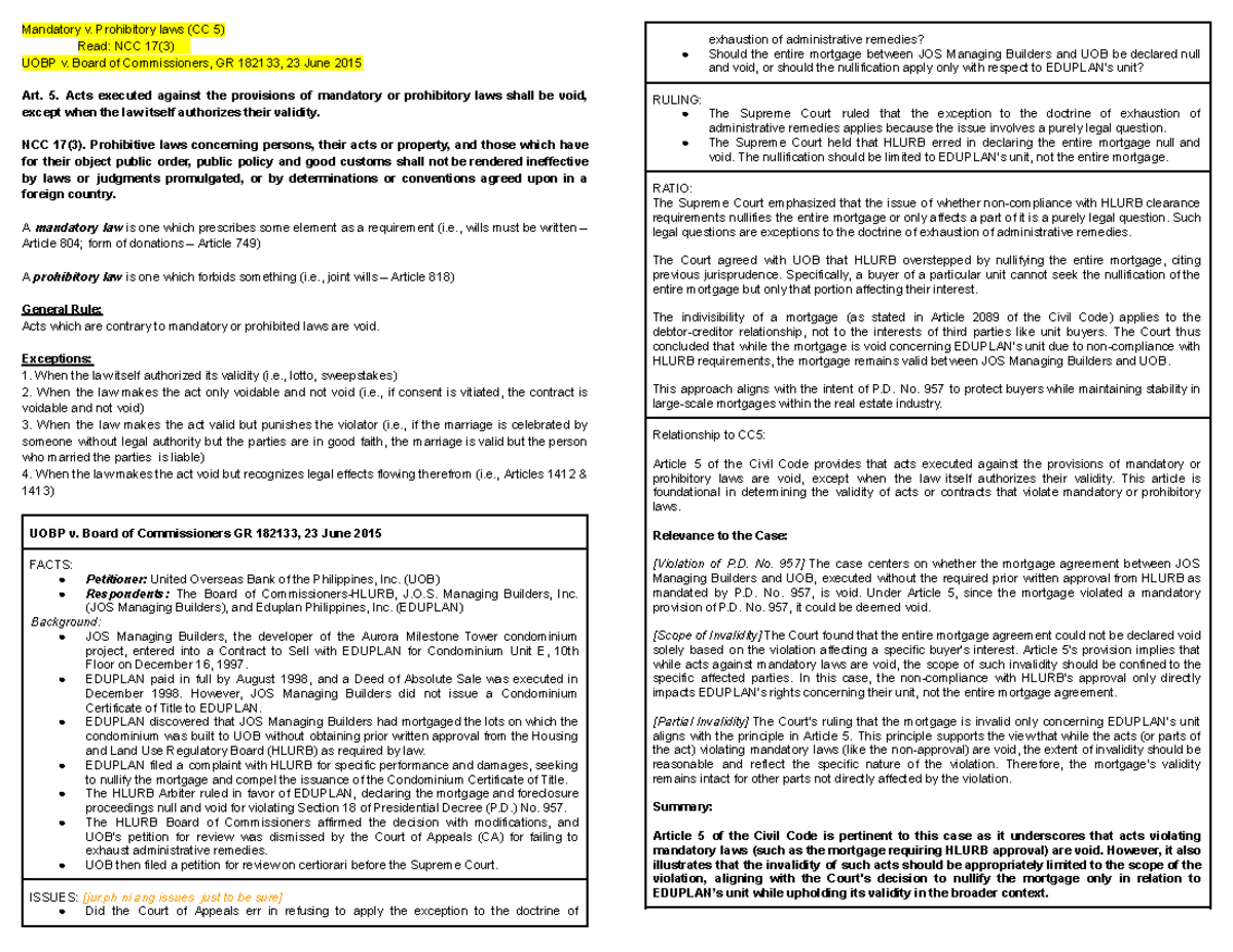 Civil Code Articles 5-10 Notes + Cases - Mandatory v. Prohibitory laws ...