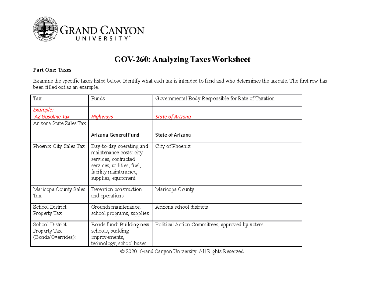 Analyzing Arizona Tax Worksheet - GOV-260: Analyzing Taxes Worksheet ...