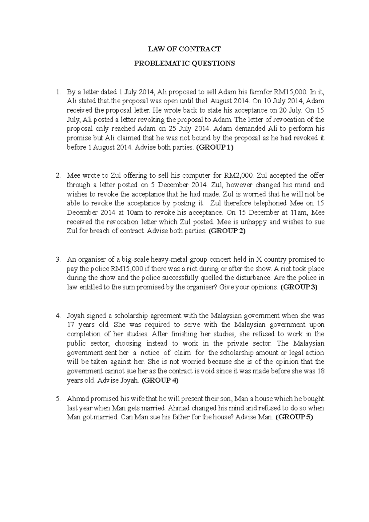 Lawofcontractproblematicquestions - LAW OF CONTRACT PROBLEMATIC ...
