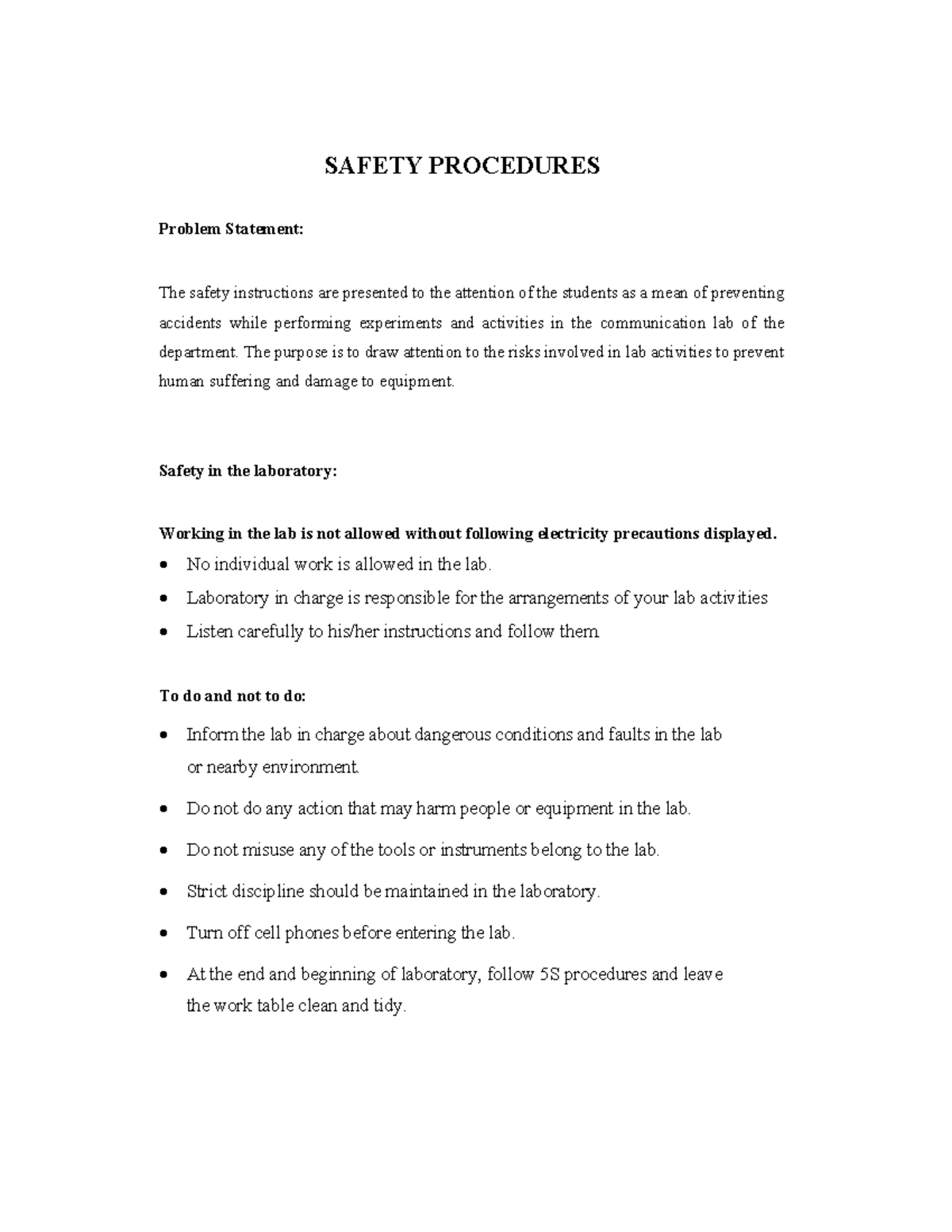 Safety Procedures - SAFETY PROCEDURES Problem Statement: The safety ...