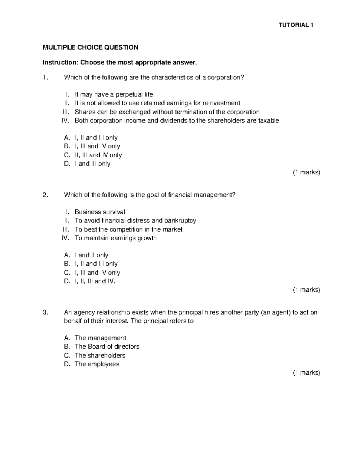 1. Tutorial - Topic 1 n 2 - MULTIPLE CHOICE QUESTION Instruction ...