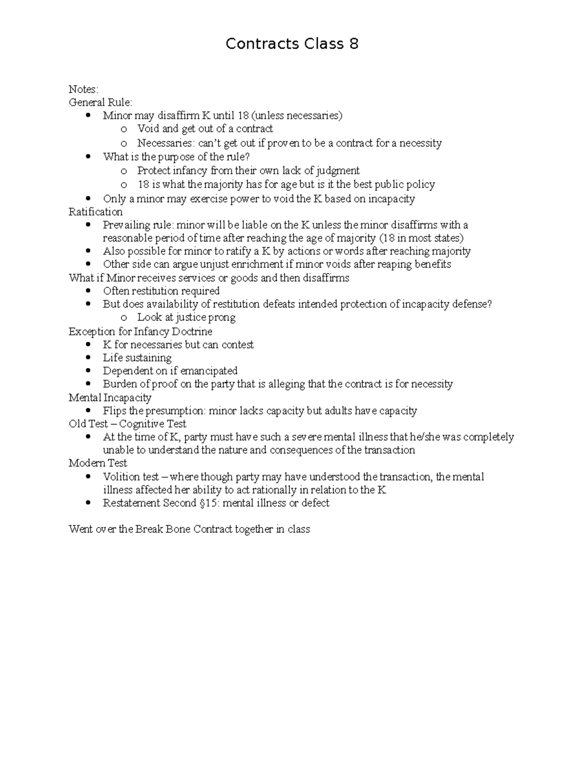 Class 8 - Contracts Class 8 Notes: General Rule: Minor may disaffirm K ...