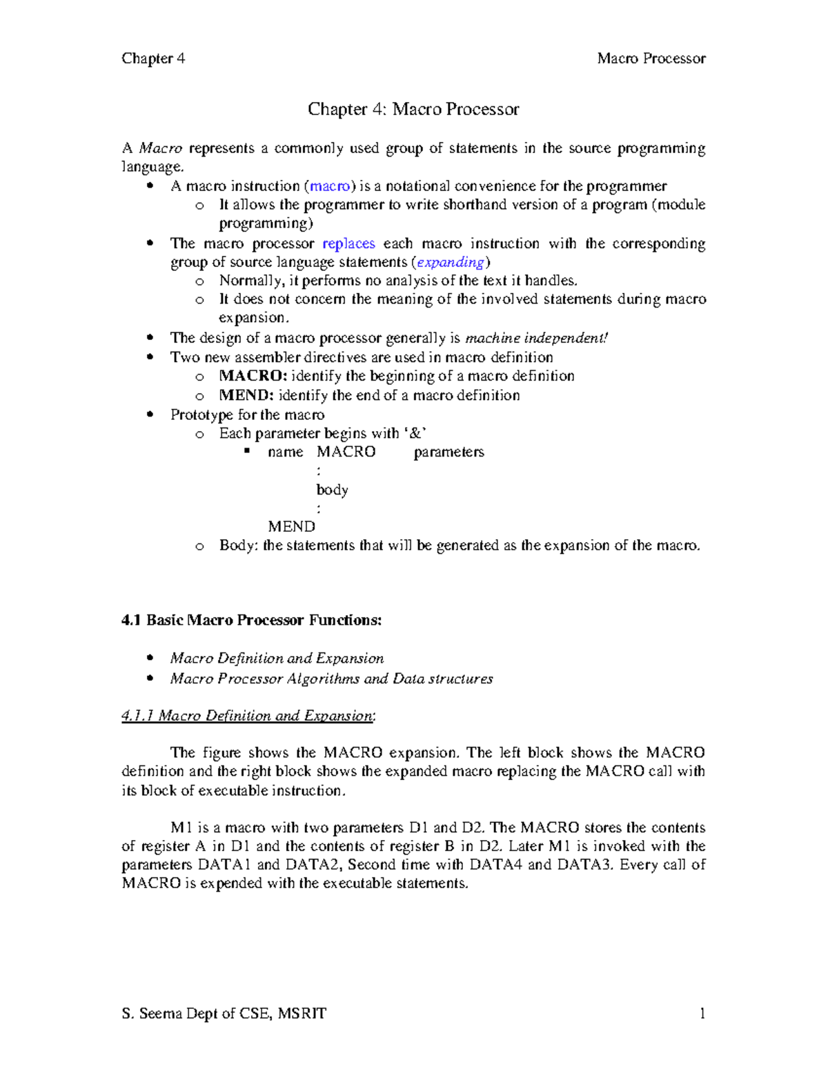 Macro Processor Not Required Chapter 4 Macro Processor A Macro Represents A Commonly Used