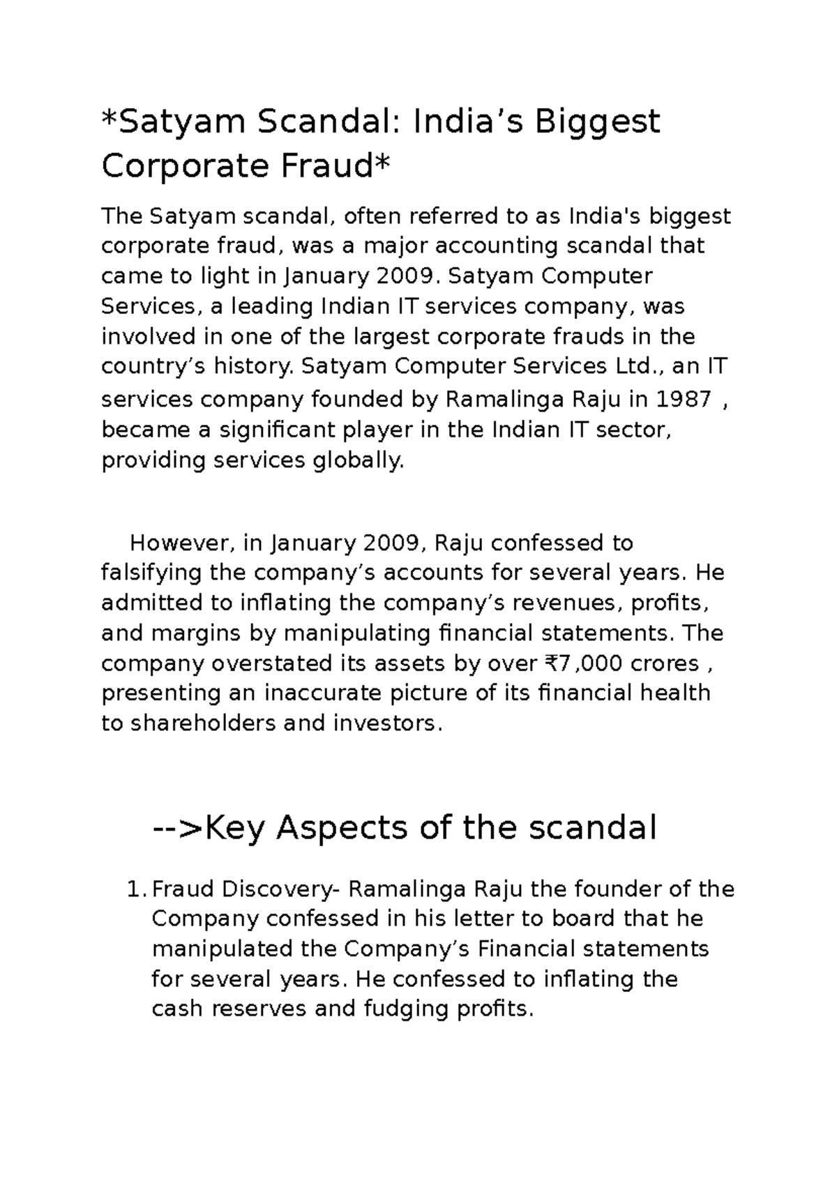 PE assignment - wfsdafzfsfsdfs - *Satyam Scandal: India’s Biggest Corporate Fraud* The Satyam ...