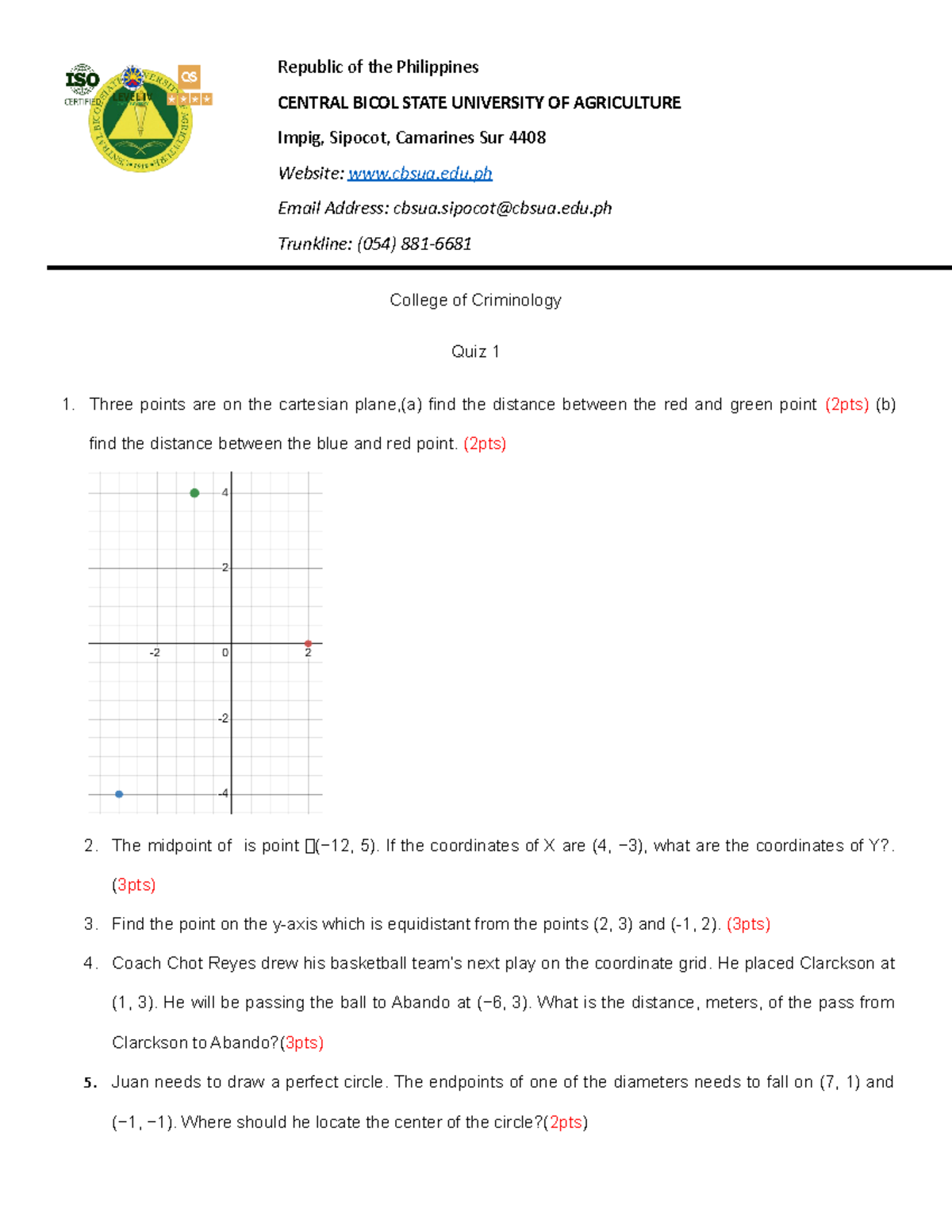 Quiz 1 - Analytic Geometry - Republic of the Philippines CENTRAL BICOL ...