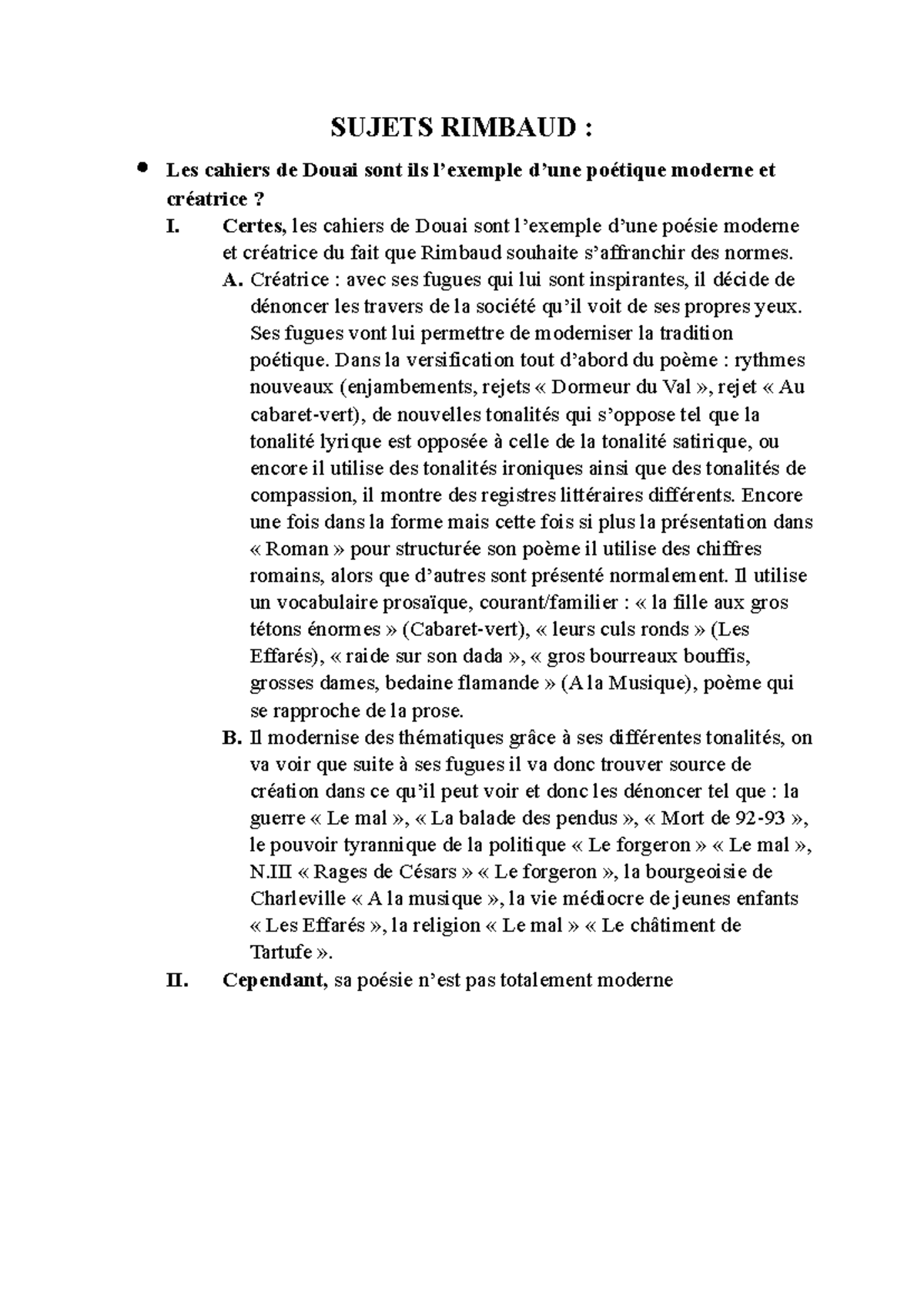 Sujets Rimbaud - dissertation - SUJETS RIMBAUD : Les cahiers de Douai ...