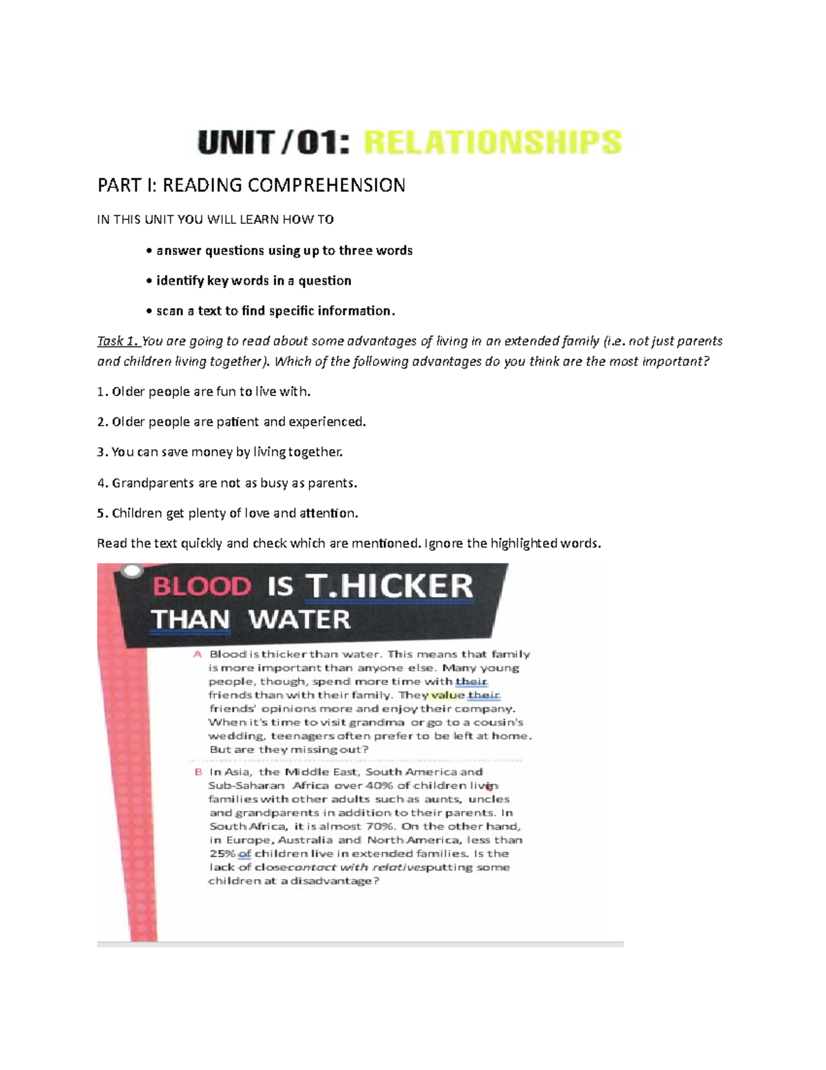 Reading- WEEK 1 homework - PART I: READING COMPREHENSION IN THIS UNIT ...