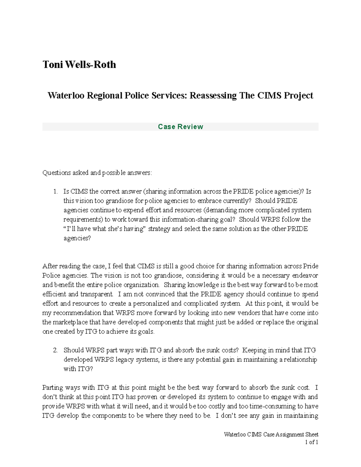 Waterloo CIMS Assignment Sheet Week 1 - Toni Wells-Roth Waterloo ...