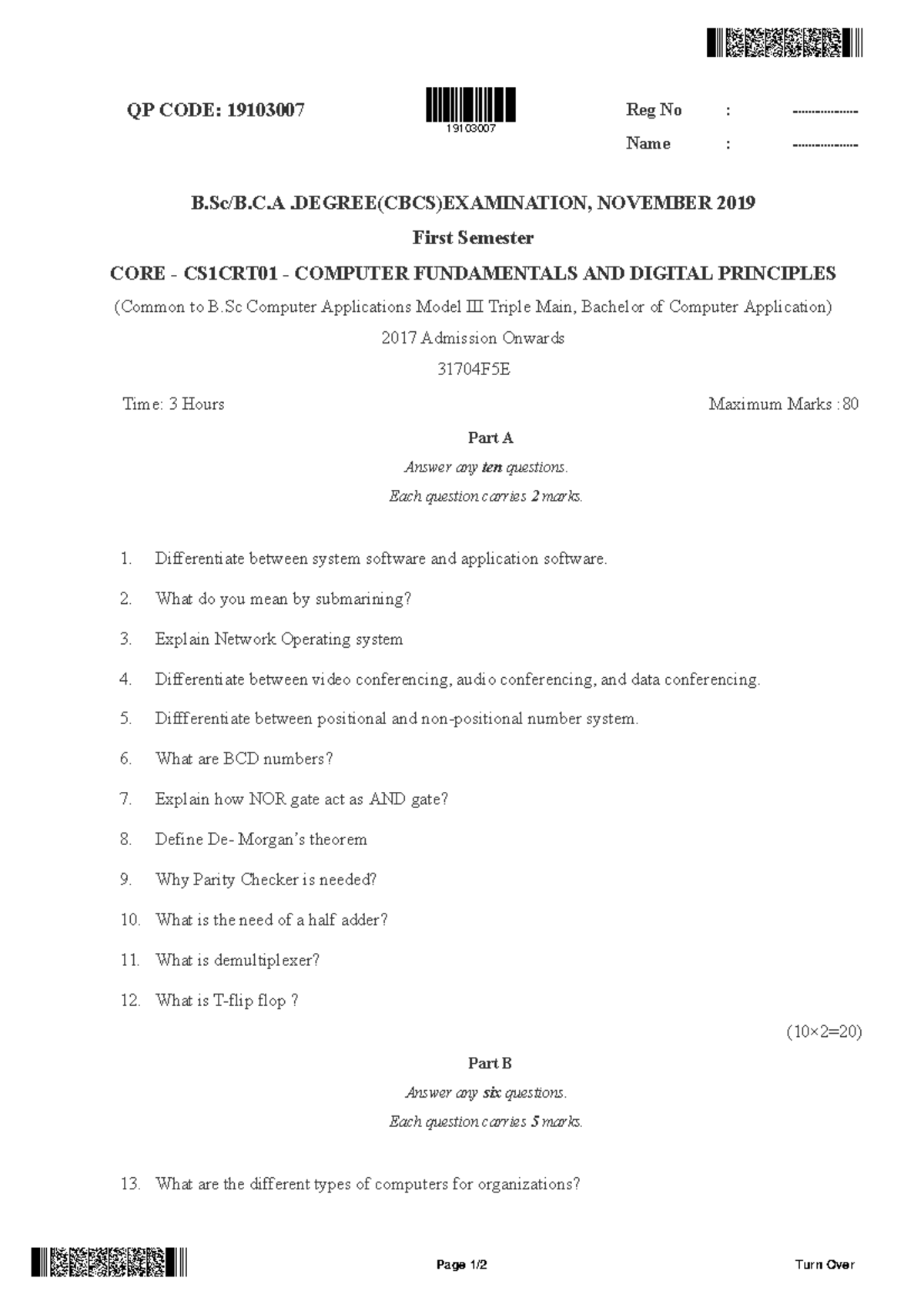 Computer Fundamentals and Digital Principles Nov 2019 - QP CODE ...