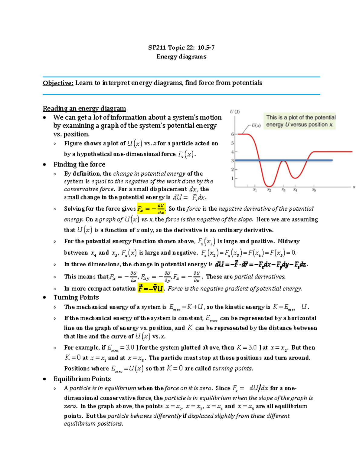 Topic 22;Energy diagrams - SP211 Topic 22: 10- Energy diagrams - Studocu