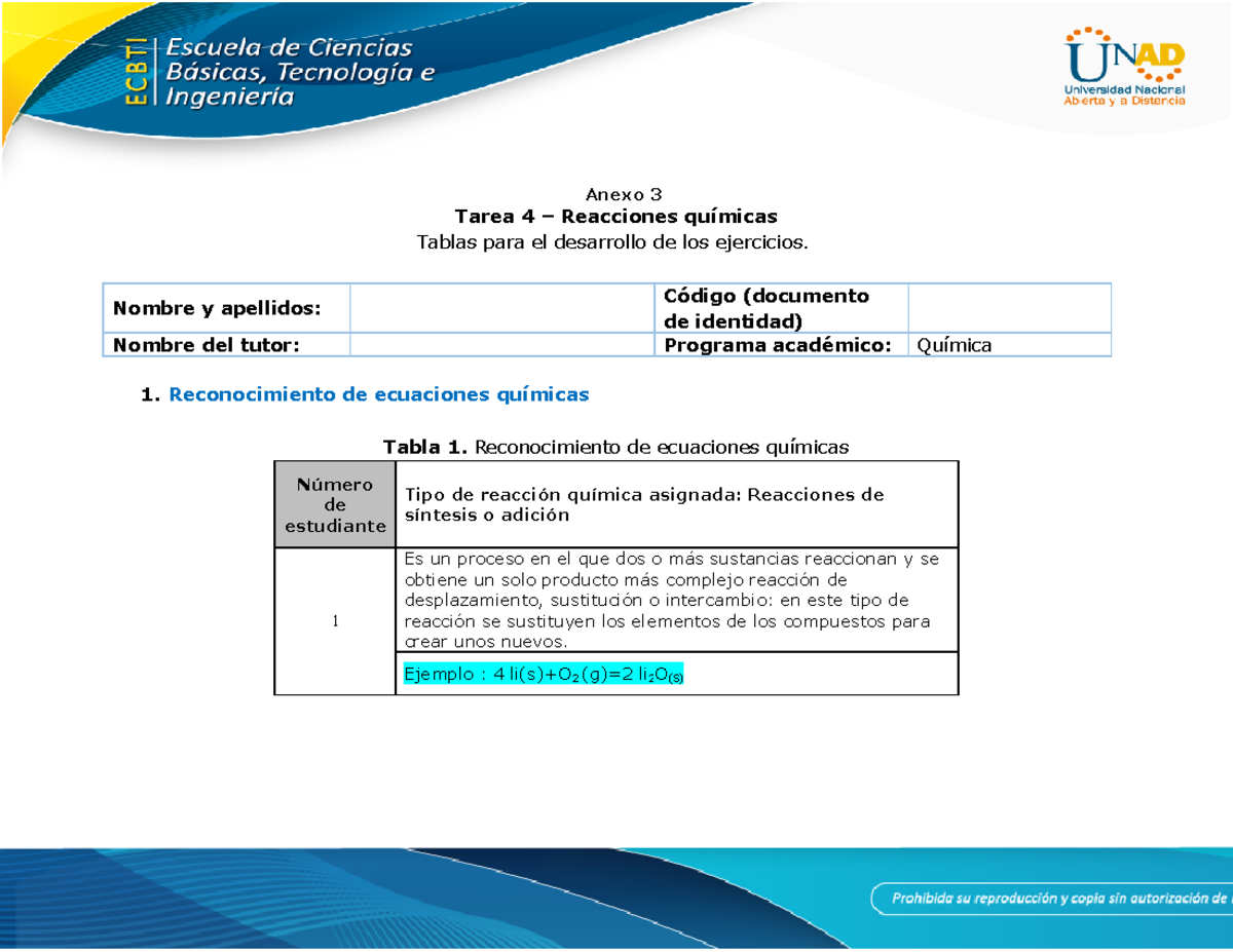 Anexo 3 - Avances trabajo química - Anexo 3 Tarea 4 – Reacciones químicas Tablas para el ...
