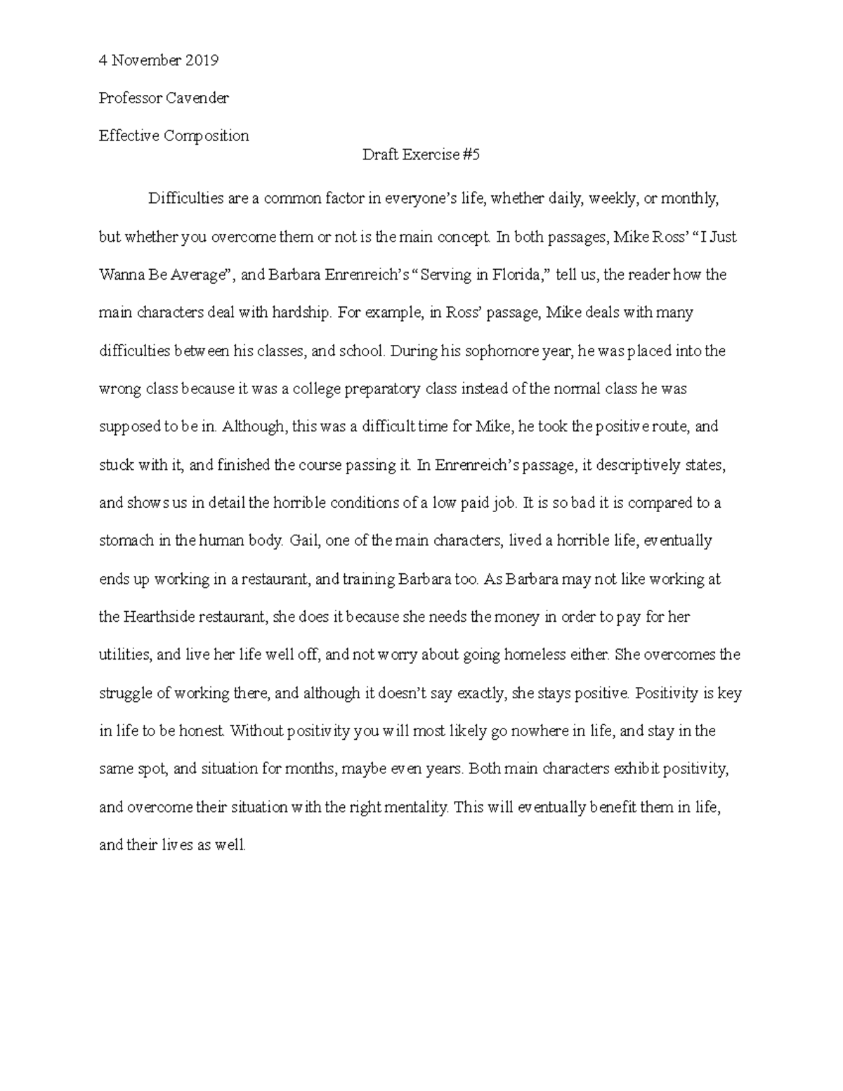 Draft Exercise #5 - Dr. Cavendar - 4 November 2019 Professor Cavender ...