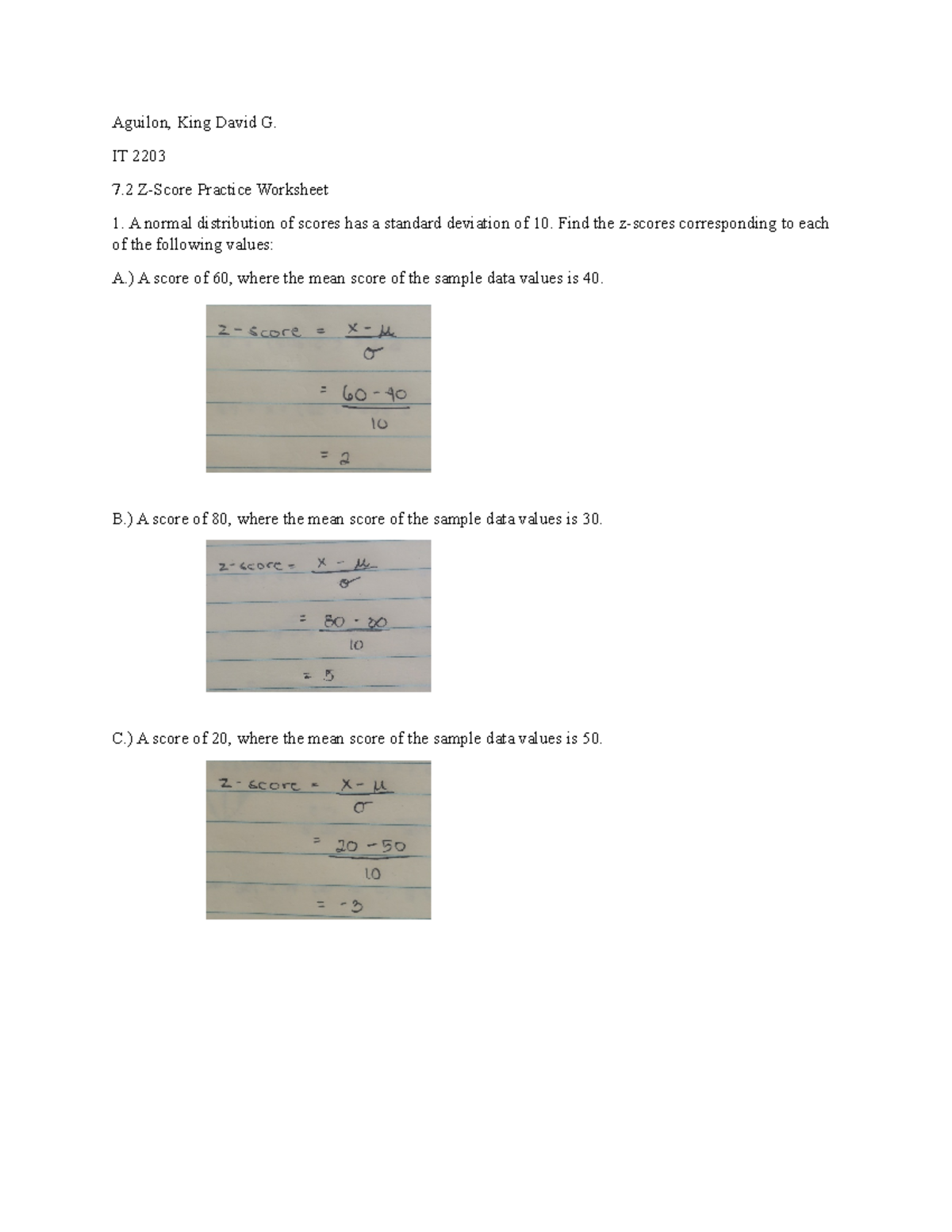 Lab Excercises 2 - Aguilon, King David G. IT 2203 7 Z-Score Practice ...