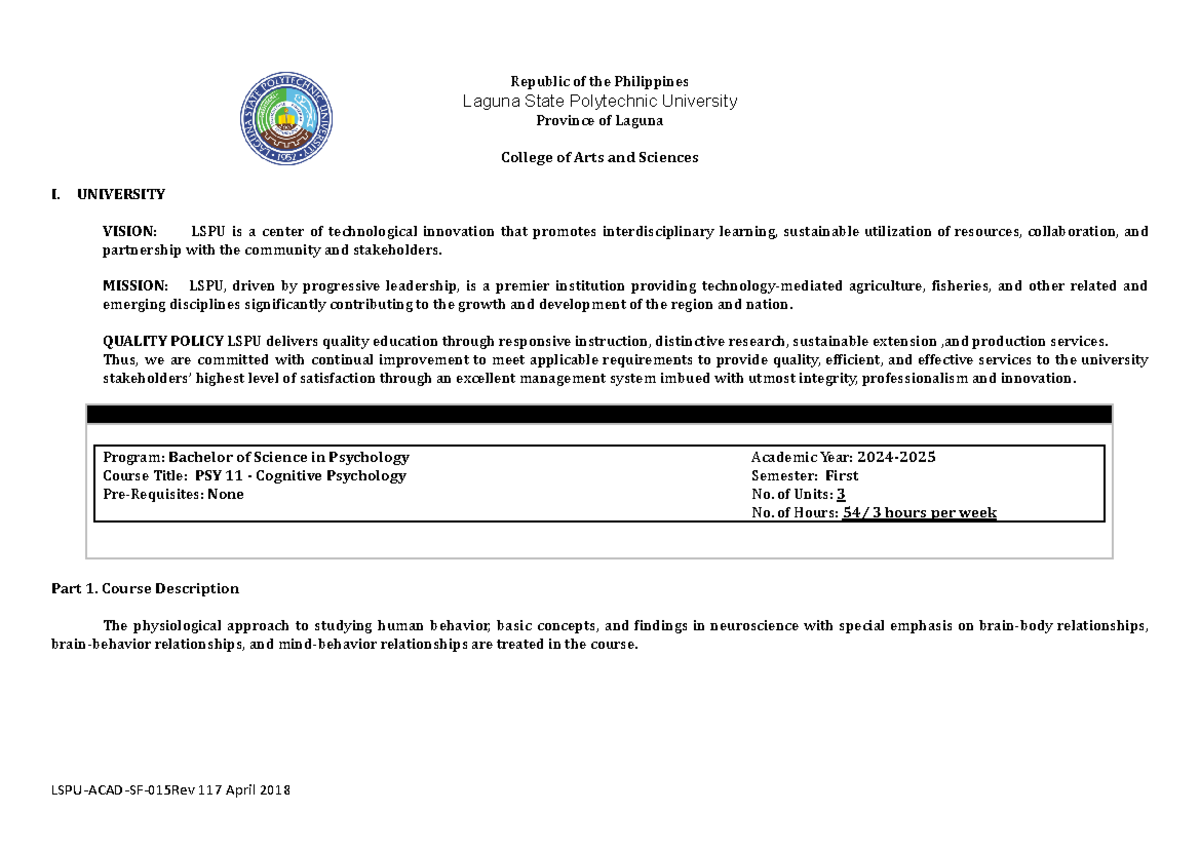 Cognitive- Psychology- Syllabus - Republic of the Philippines Laguna ...