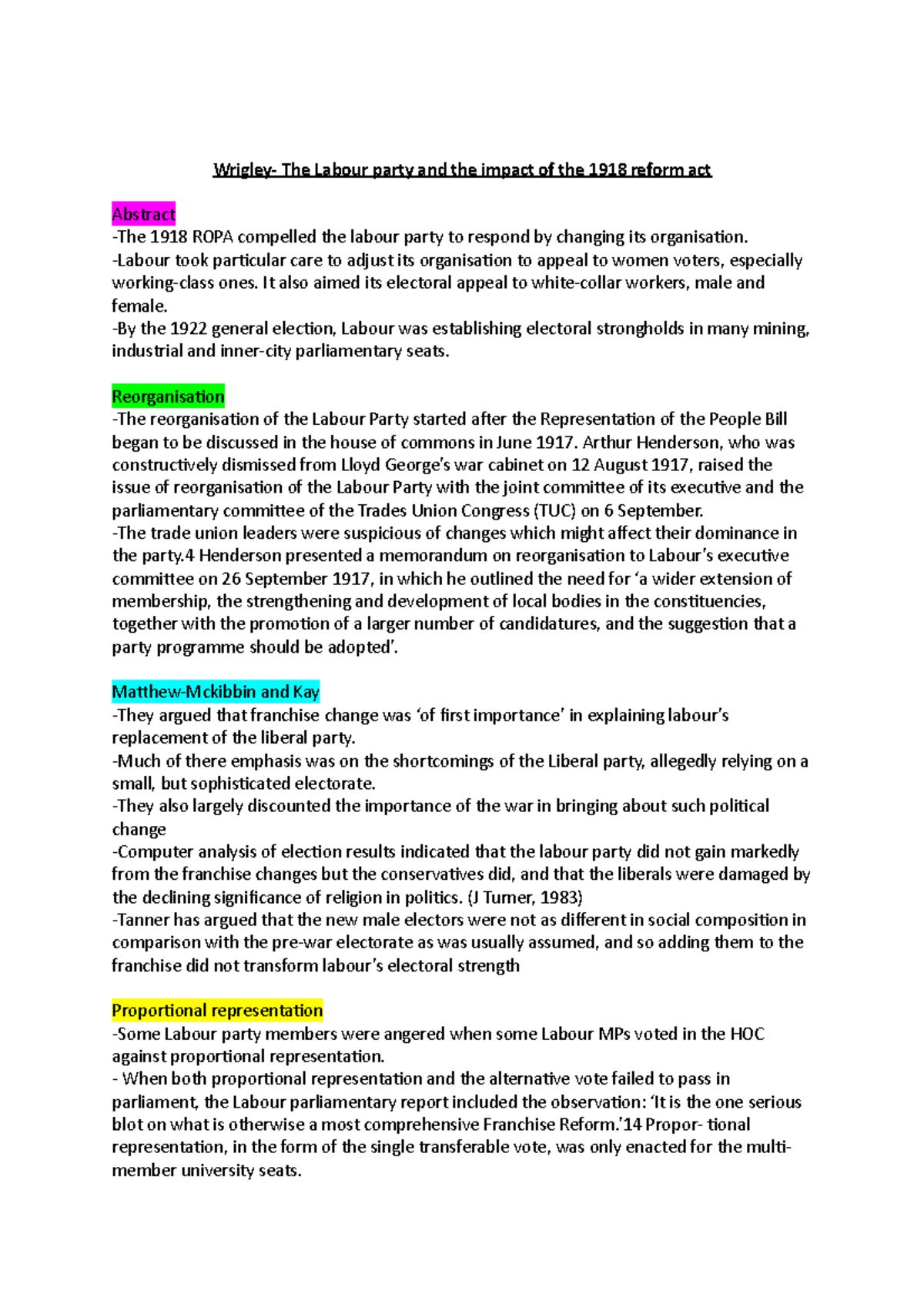 Wrigley- the rise of labour - Wrigley- The Labour party and the impact ...