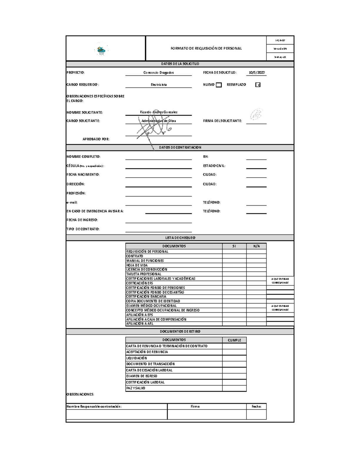 RQ Electricista - SPSPSPS - F-GH- Versión 06 5-May- PROYECTO: FECHA DE ...