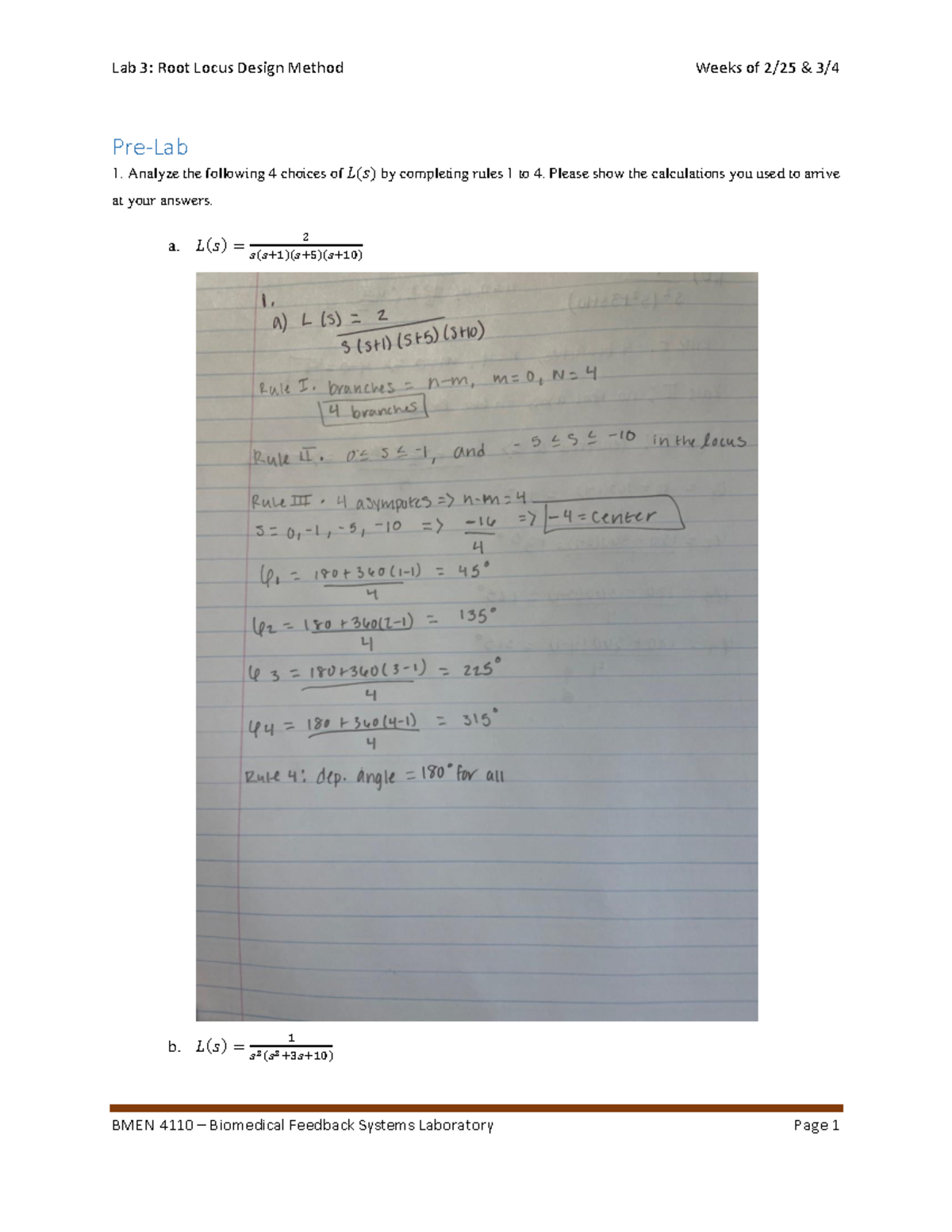Prelab 3 - BMEN 4110 - Pre-Lab 1. Analyze the following 4 choices of at your answers. a. 𝔿(𝕠 ...