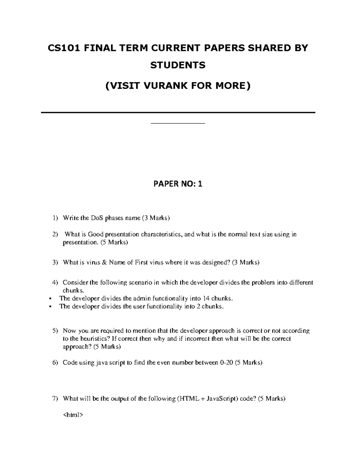 CS101 Final term current papers by vurank - CS101 FINAL TERM CURRENT ...