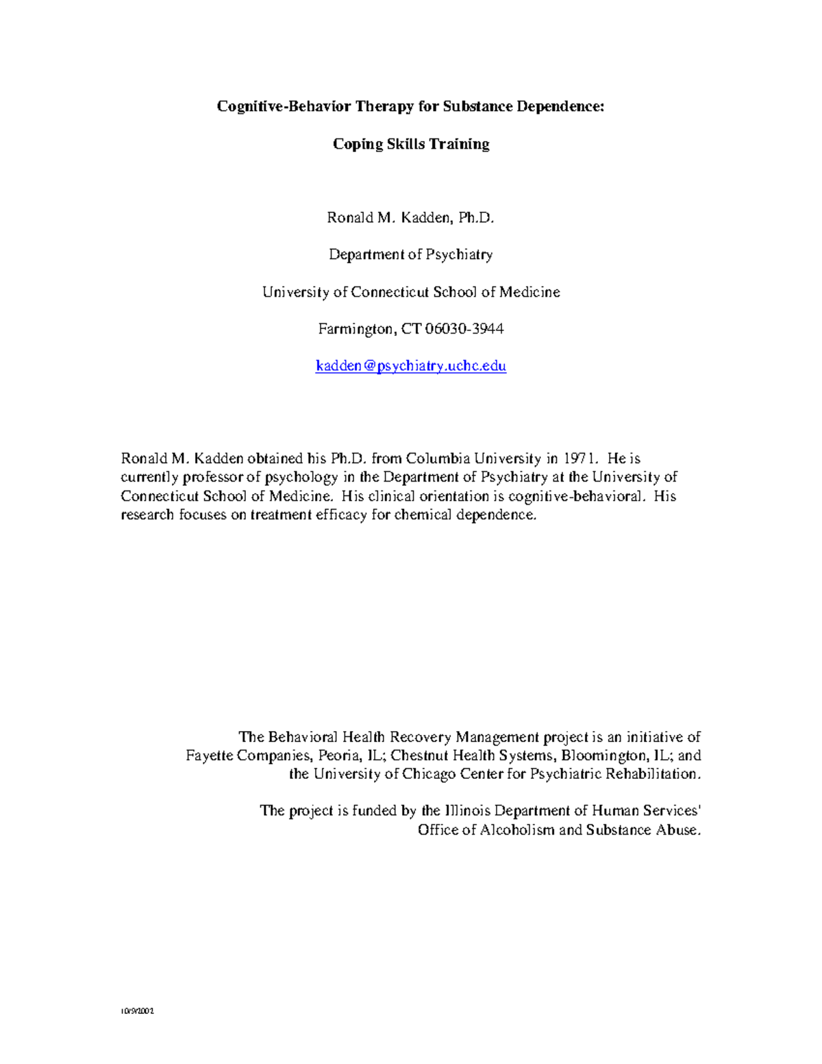 CBT-Kadden - Therapy for Substance Dependence: Coping Skills Training ...