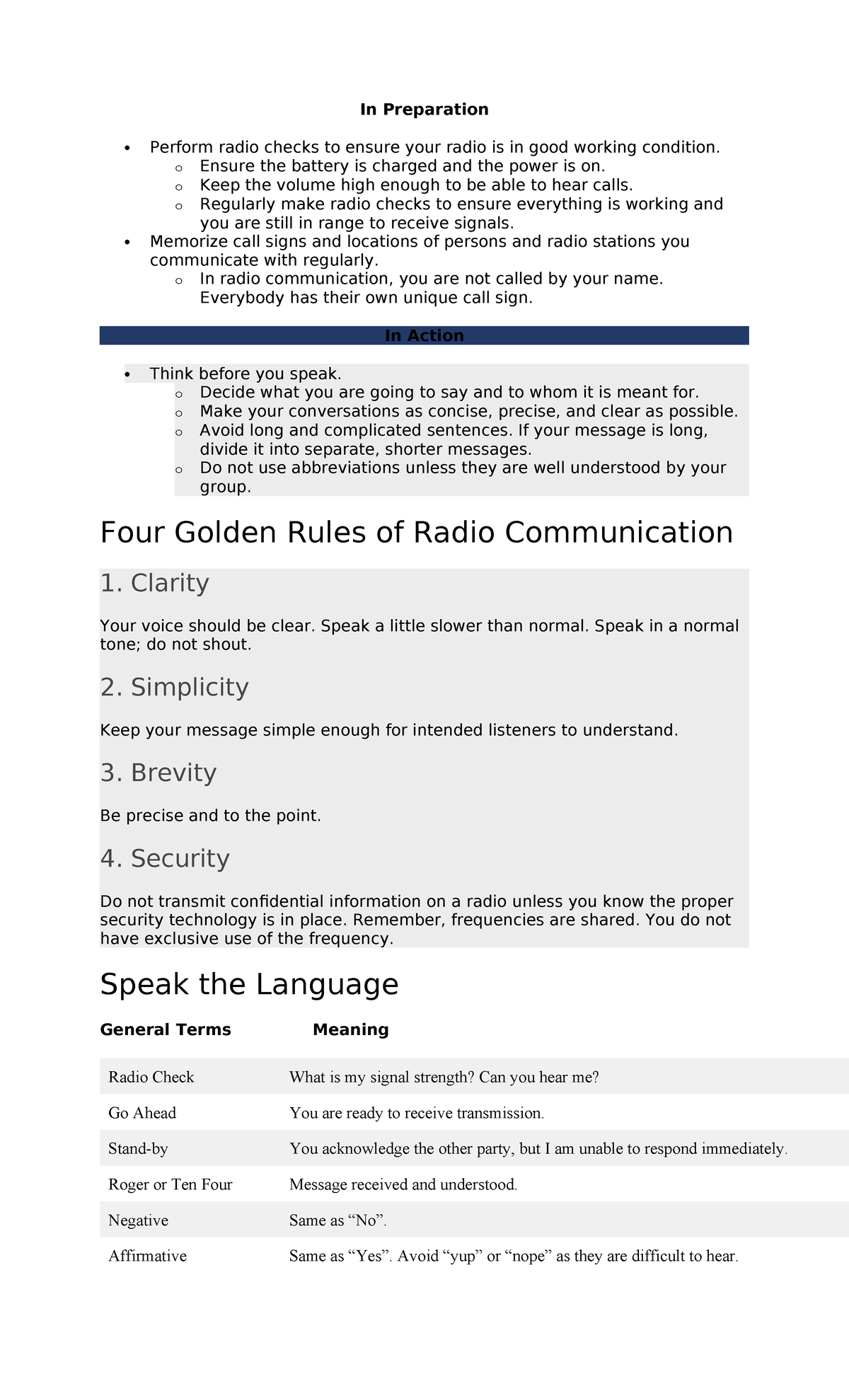 Radio communication - EDUC - In Preparation Perform radio checks to ...