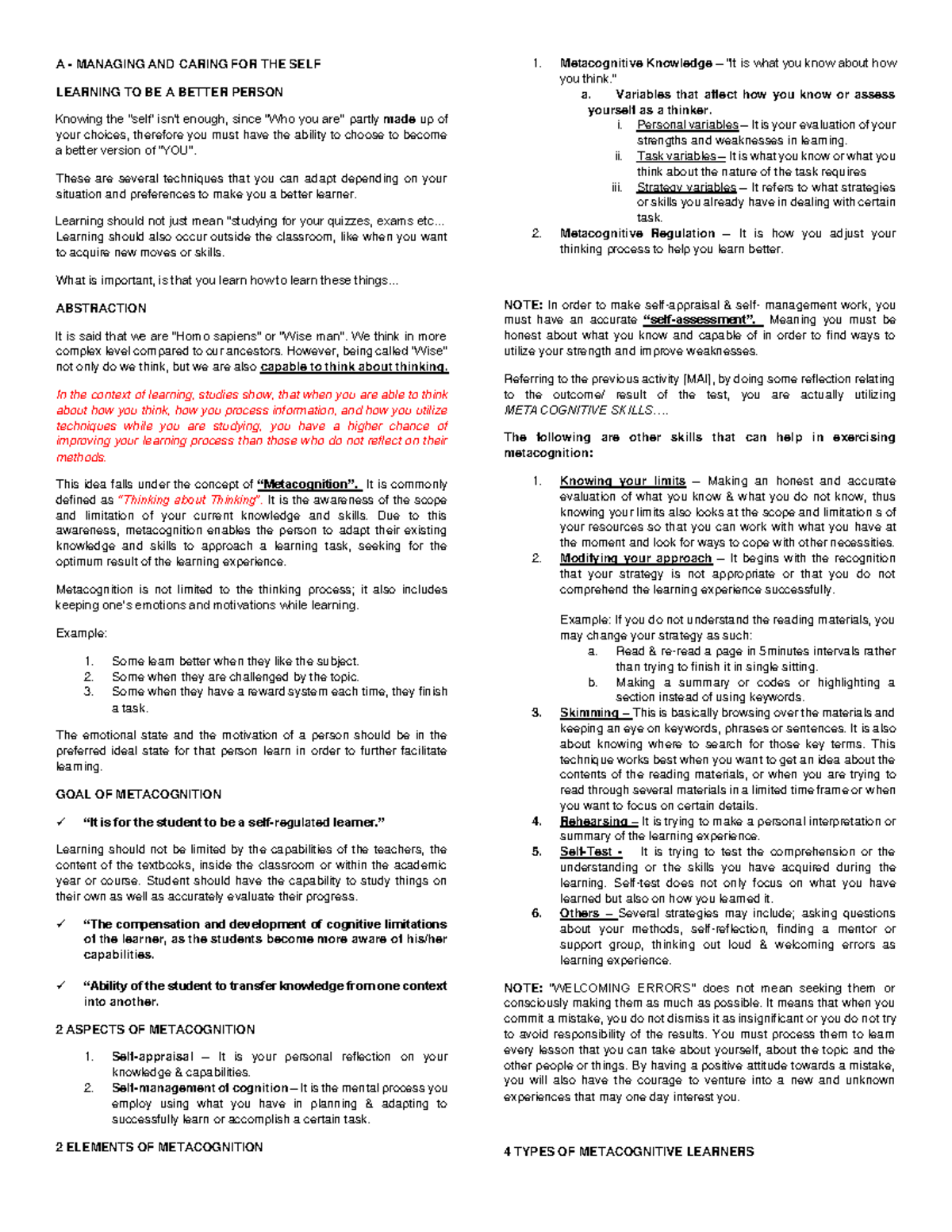 Finals Uts Understanding The Self Lecture Notes A Managing And Caring For The Self