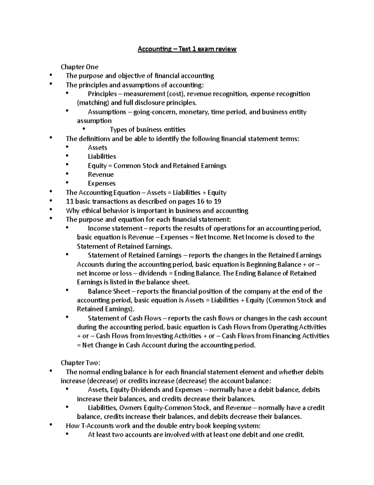 Accounting – Test 1 exam review - Accounting Test 1 exam review Chapter ...