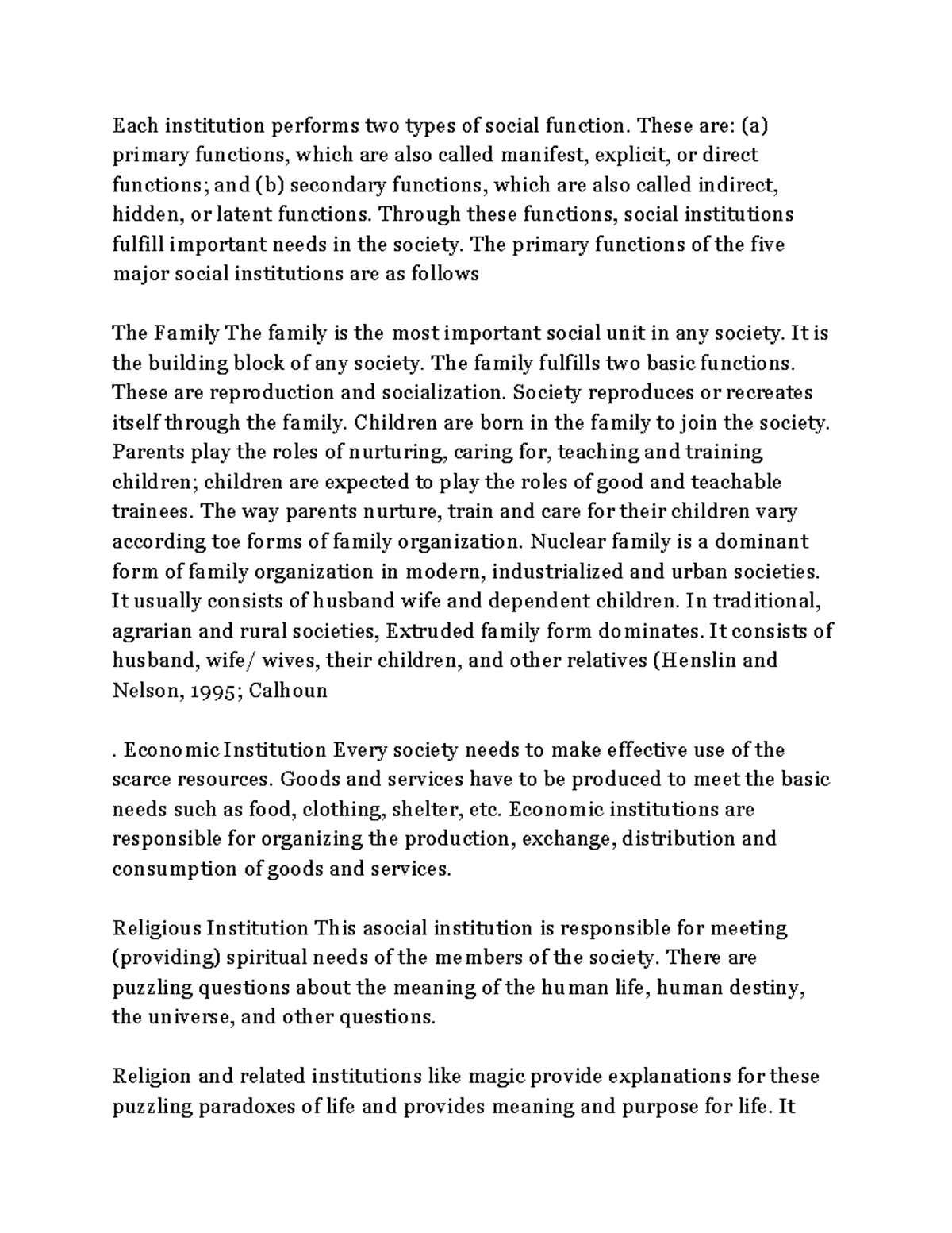 Sociology pt 3 - young - Each institution performs two types of social ...