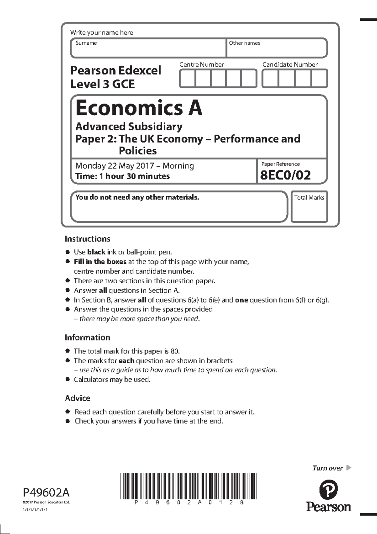 June 2017 QP - Paper 2 Edexcel (A) Economics AS-level - Centre Number ...