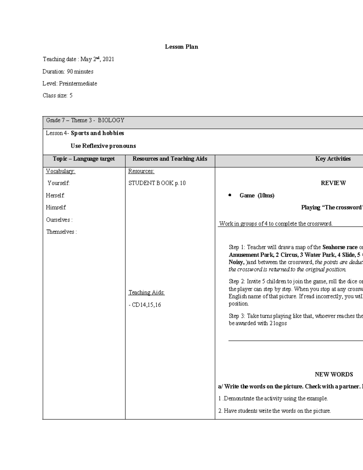 Grade 7-Theme 1 Lesson 4 - Lesson Plan Teaching date : May 2nd, 2021 ...
