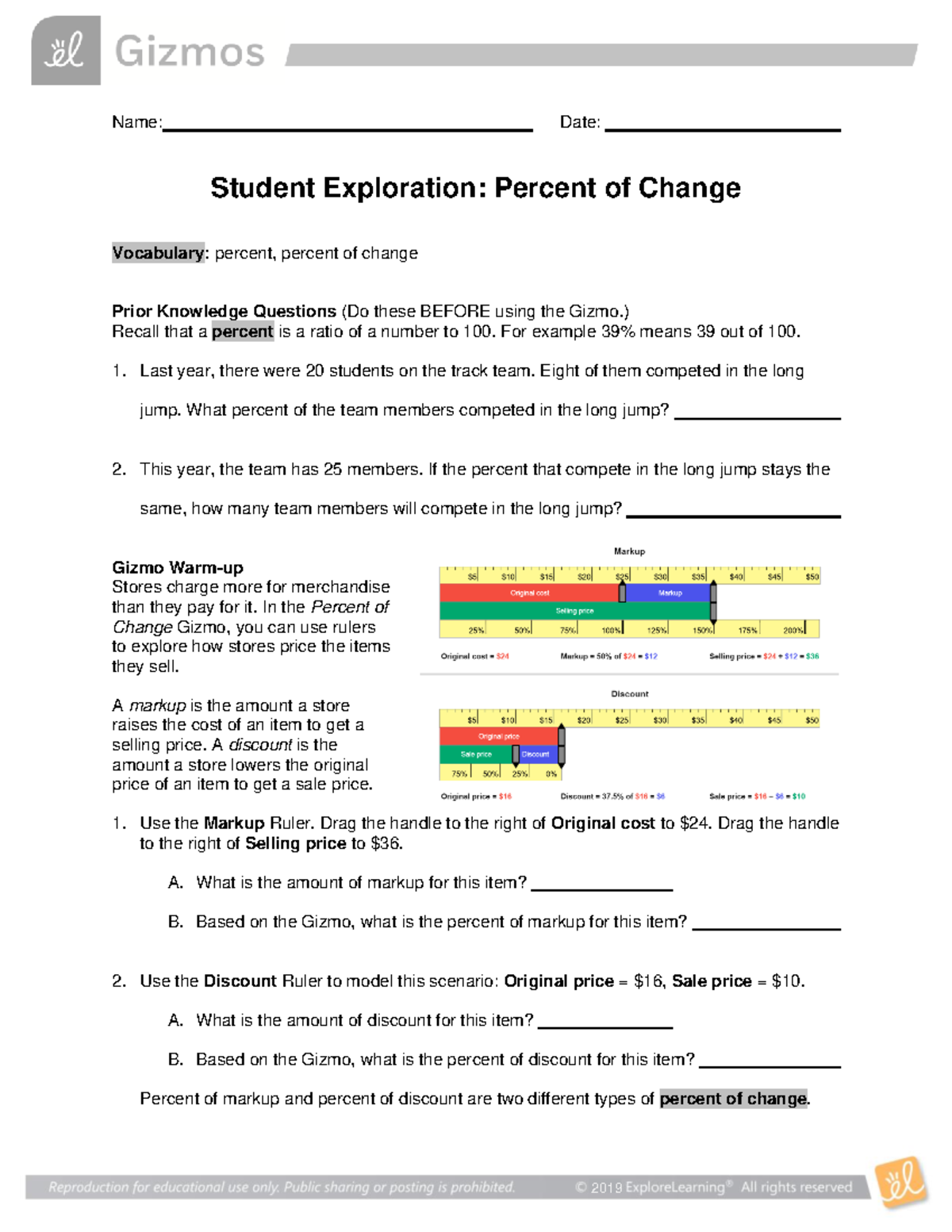 Percent Change SE - Name: Date: Student Exploration: Percent of Change ...