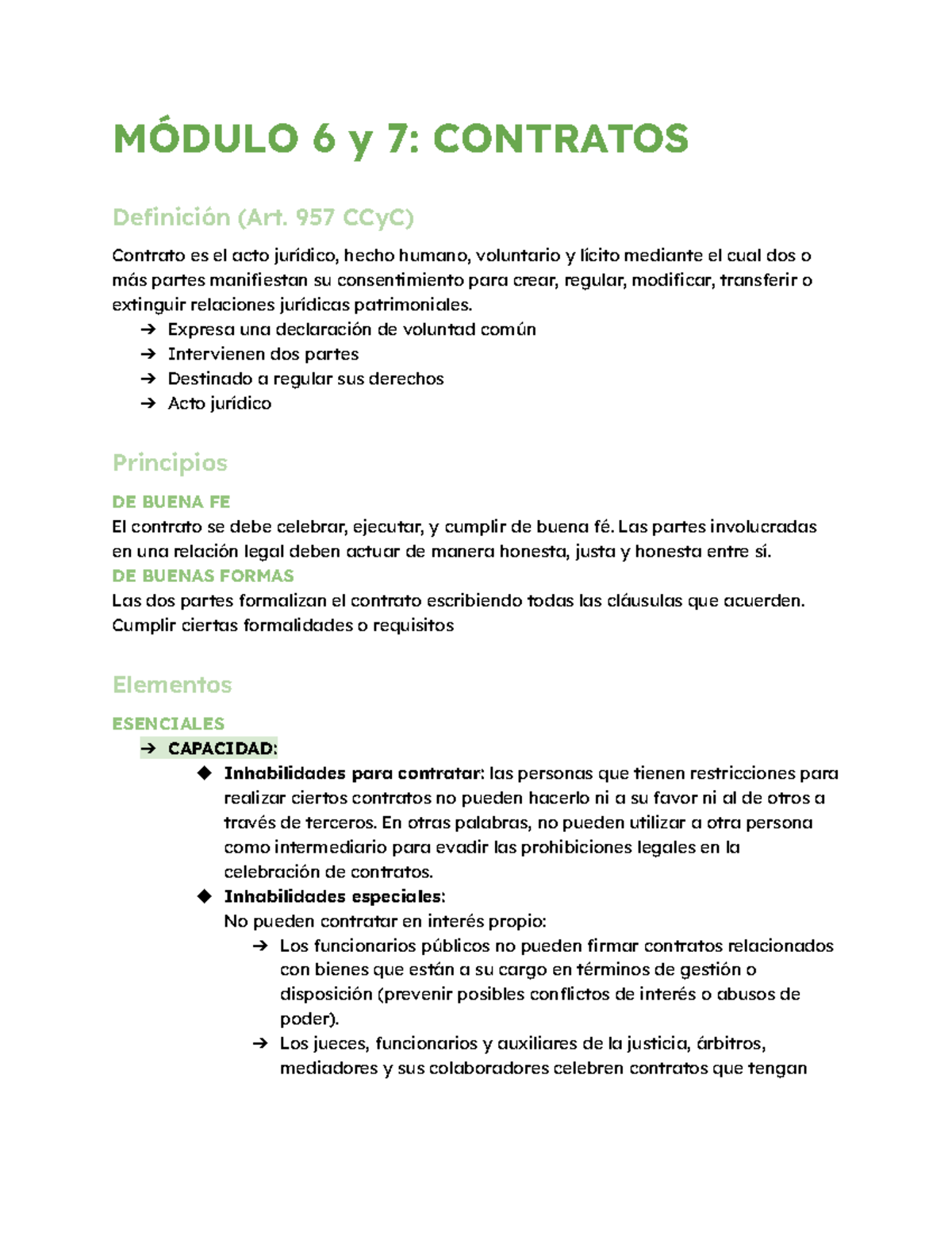Derecho (parcial 2) - Resumen - MÓDULO 6 y 7: CONTRATOS Definición (Art. 957 CCyC) Contrato es ...