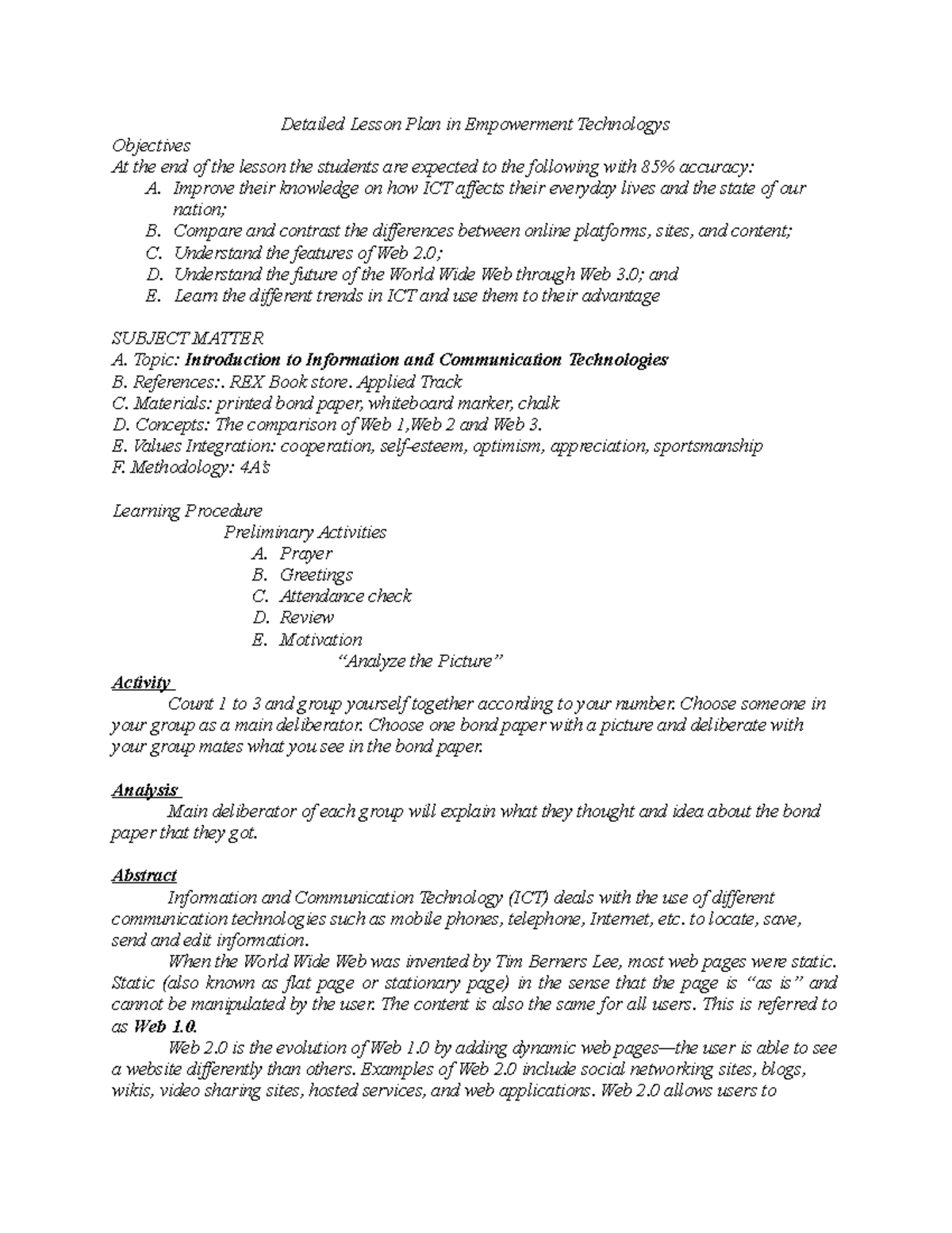 Detailed Lesson Plan 1 e tech - Detailed Lesson Plan in Empowerment ...