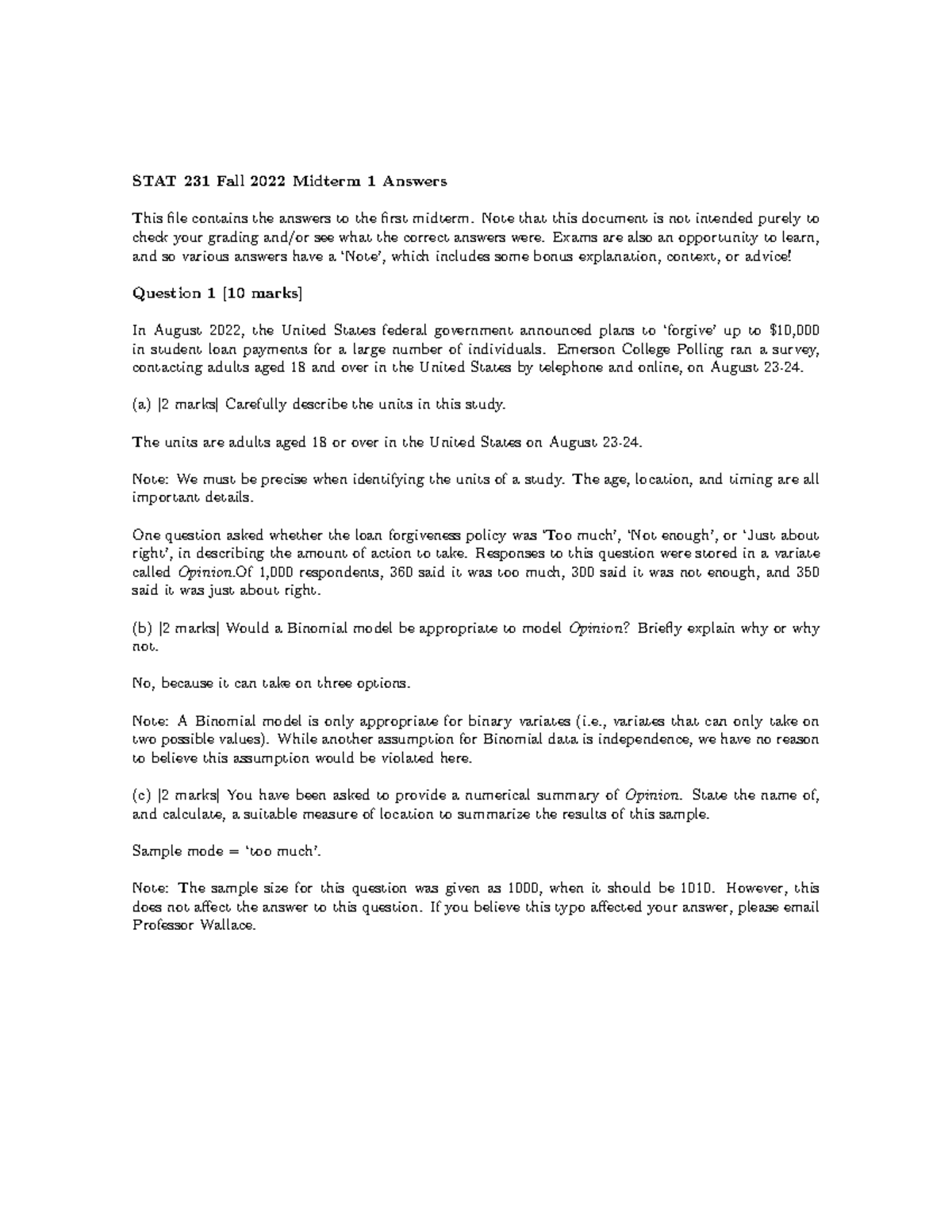 F22 REAL STAT231 Midterm 1 Answers - STAT 231 Fall 2022 Midterm 1 ...