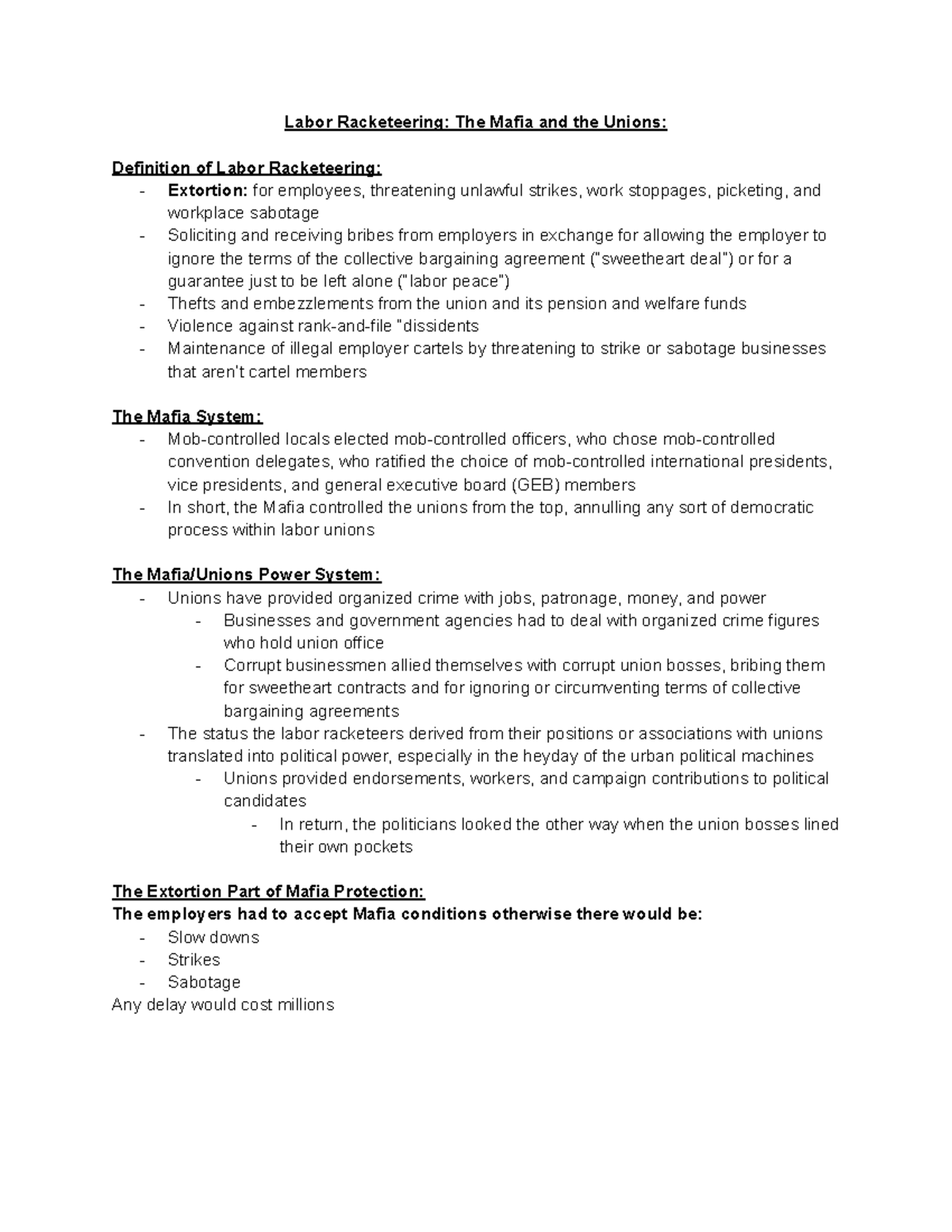 Mafia week 5 - notes - Labor Racketeering: The Mafia and the Unions ...