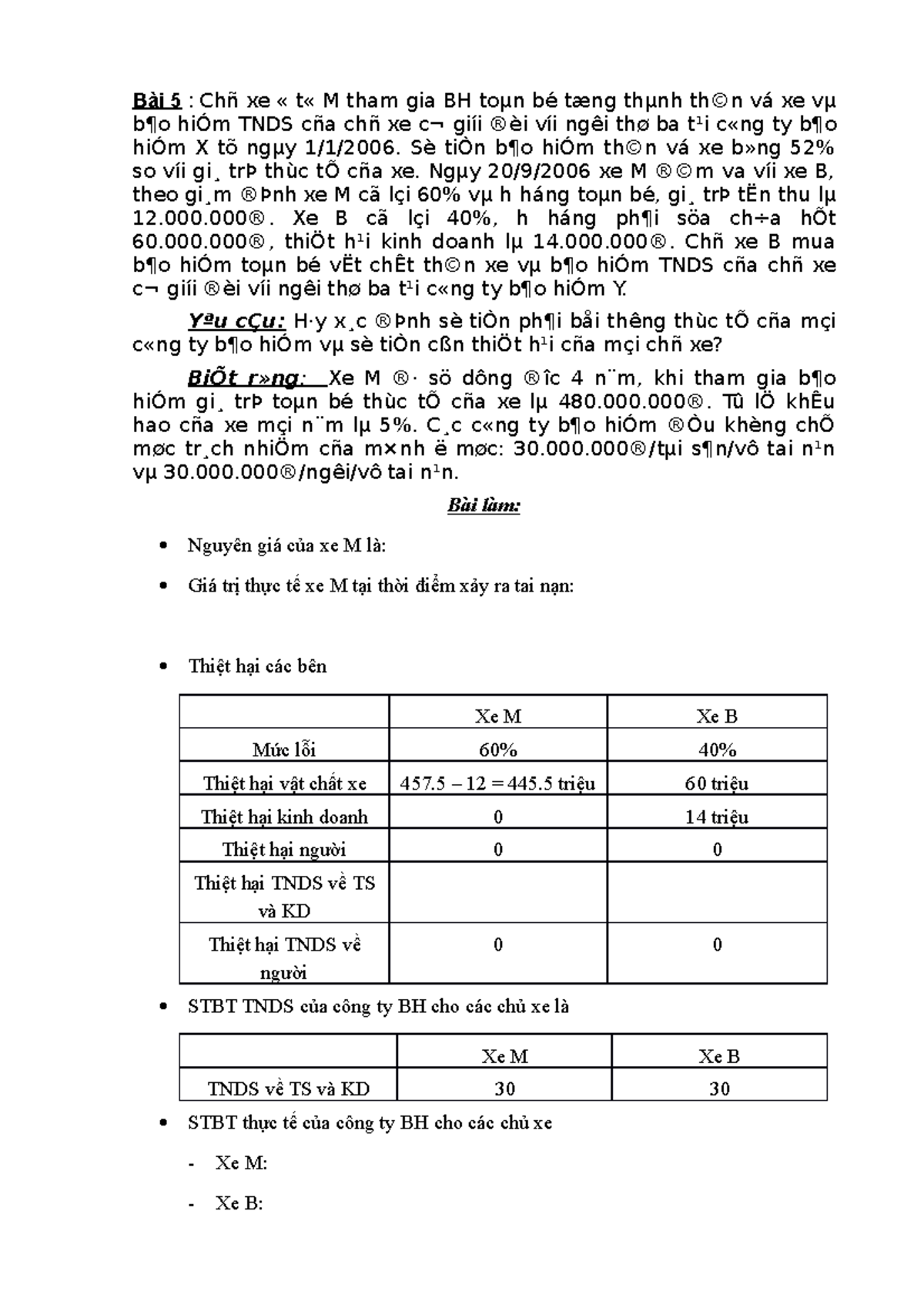 Bai tap BHTM Co Giai - 123 - B ài 5 : Chñ xe « t« M tham gia BH toμn bé tæng thμnh th©n vá xe vμ ...