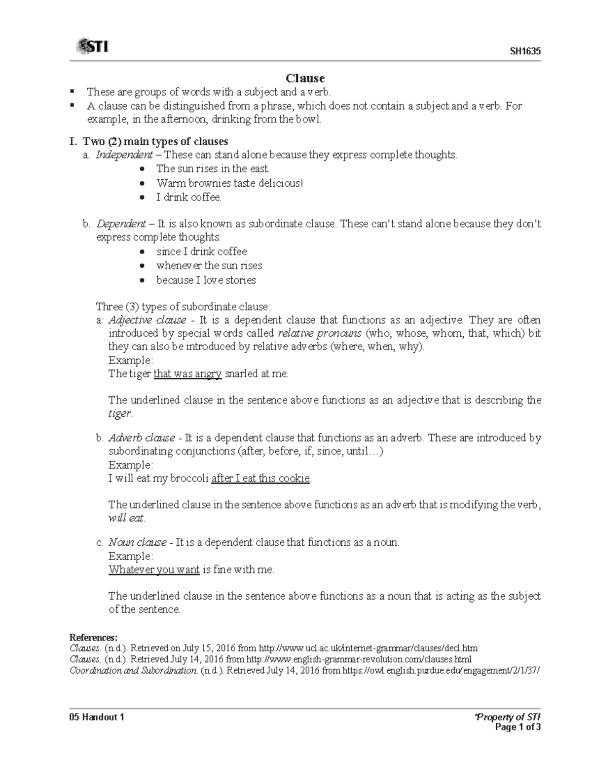 05 Handout 1 - DSADASDASDASDA - SH 05 Handout 1 *Property of STI Page 1 of 3 Clause ß These are ...