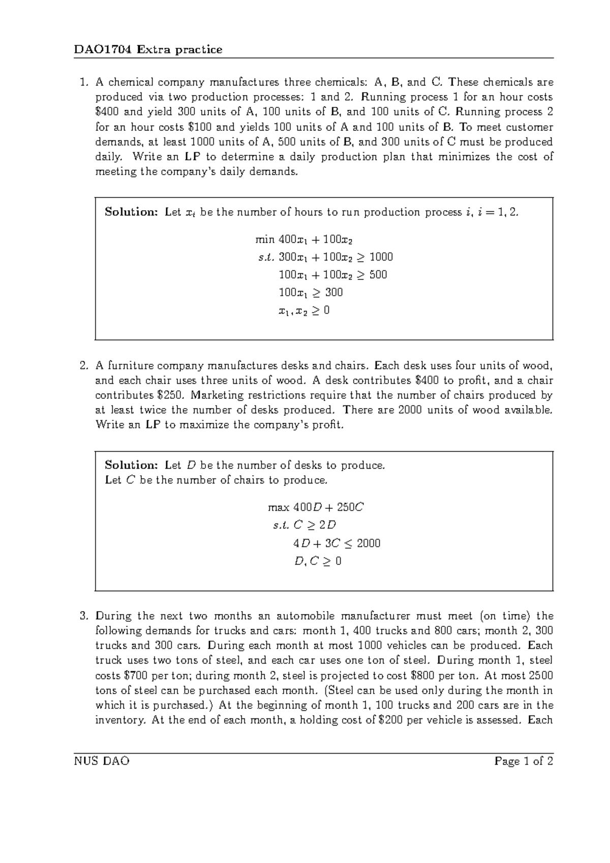 Extra LP2 - practice - DAO1704 Extra practice A chemical company manufactures three chemicals: A ...
