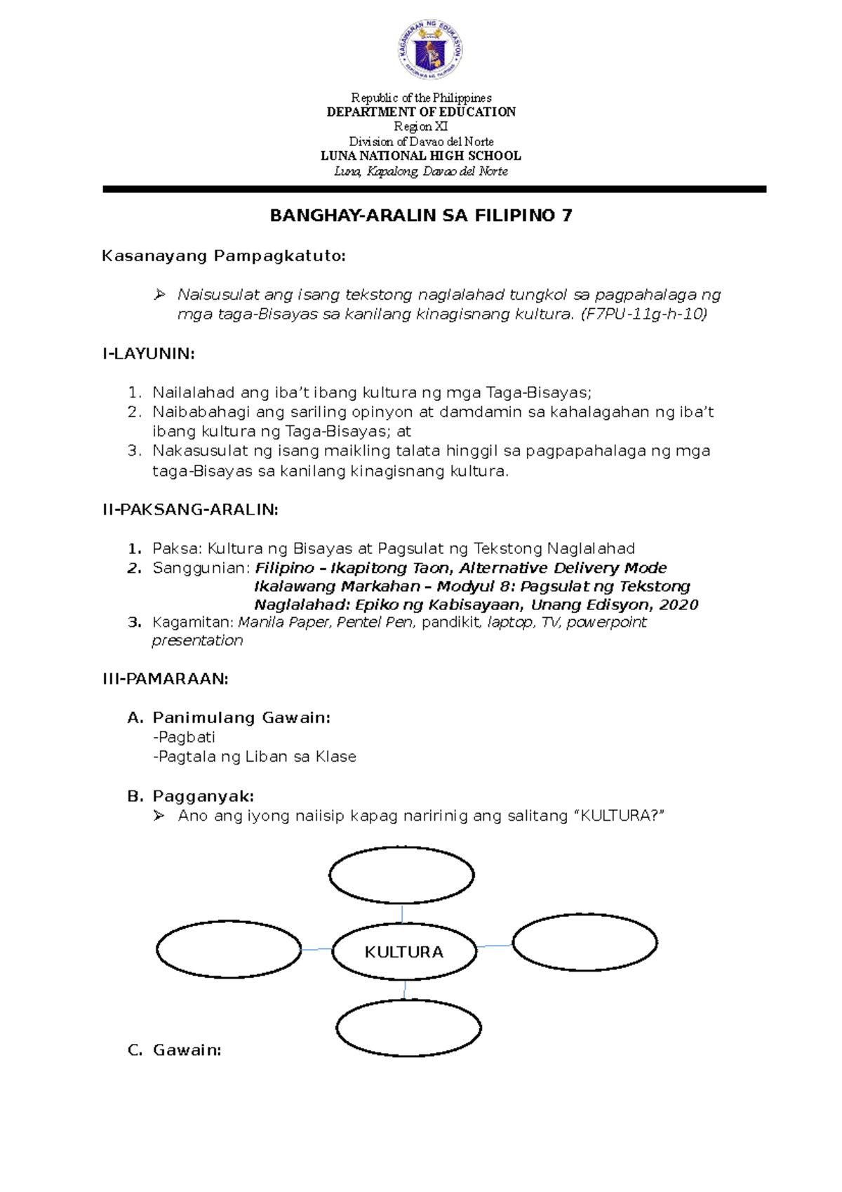 Banghay- Aralin Filipino 7 - Republic of the Philippines DEPARTMENT OF ...