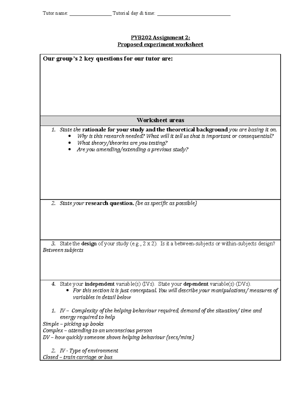 A2 group planning sheet - Tutor name: ________________ Tutorial day ...
