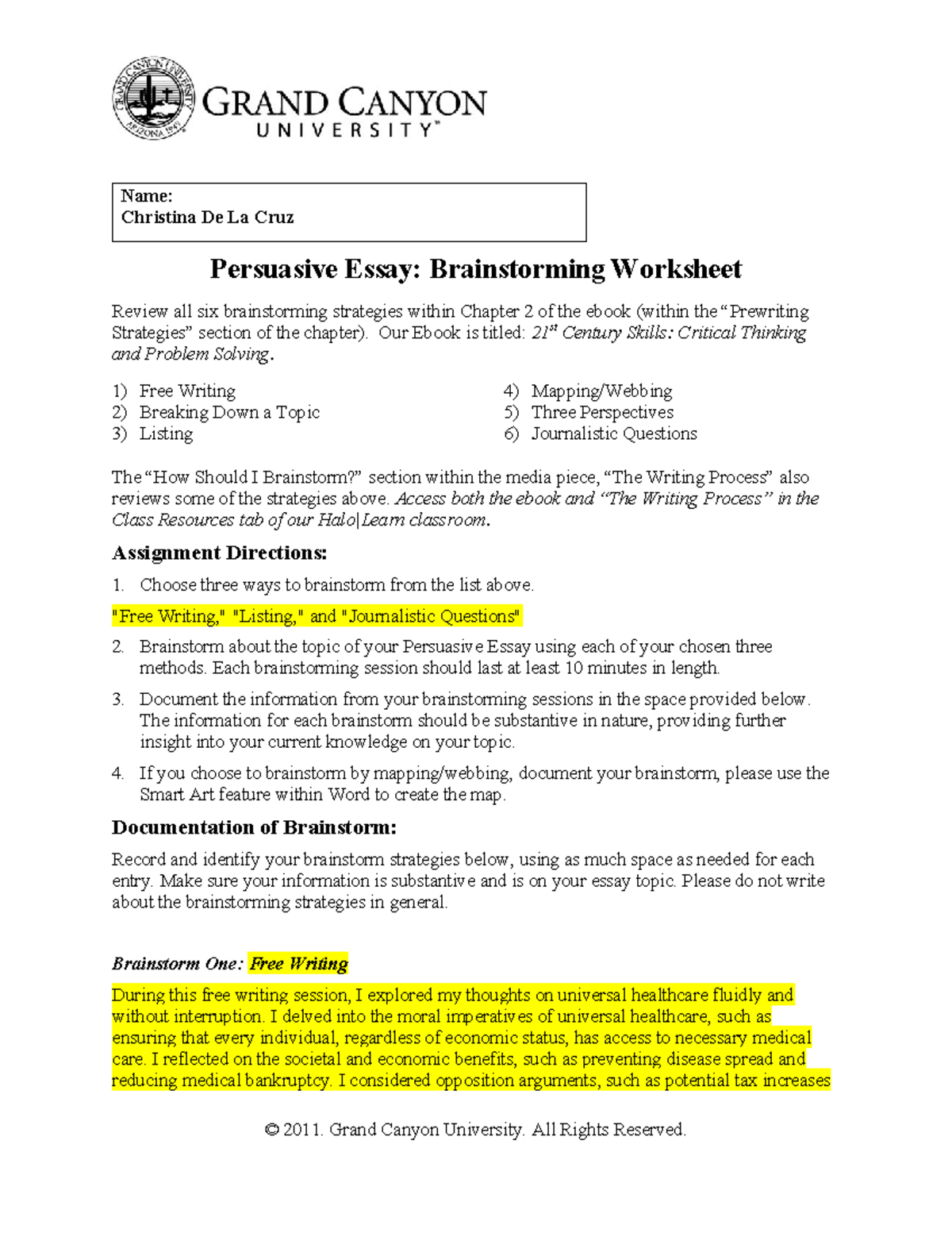 Brainstorming Worksheet - Name: Christina De La Cruz Persuasive Essay ...