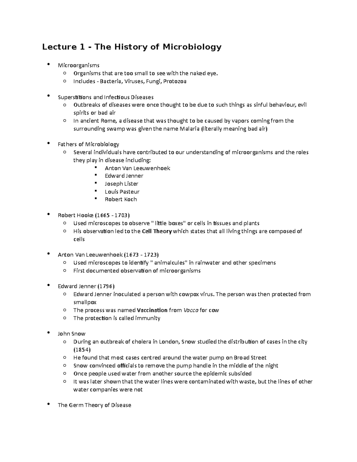 Lecture 1 - The History of Microbiology - o Includes Bacteria, Viruses ...