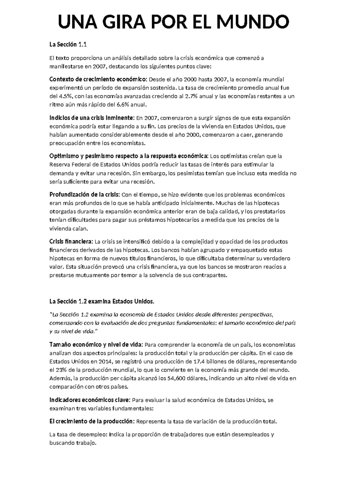 UNA GIRA POR EL Mundo - resumen - UNA GIRA POR EL MUNDO La Sección 1 ...